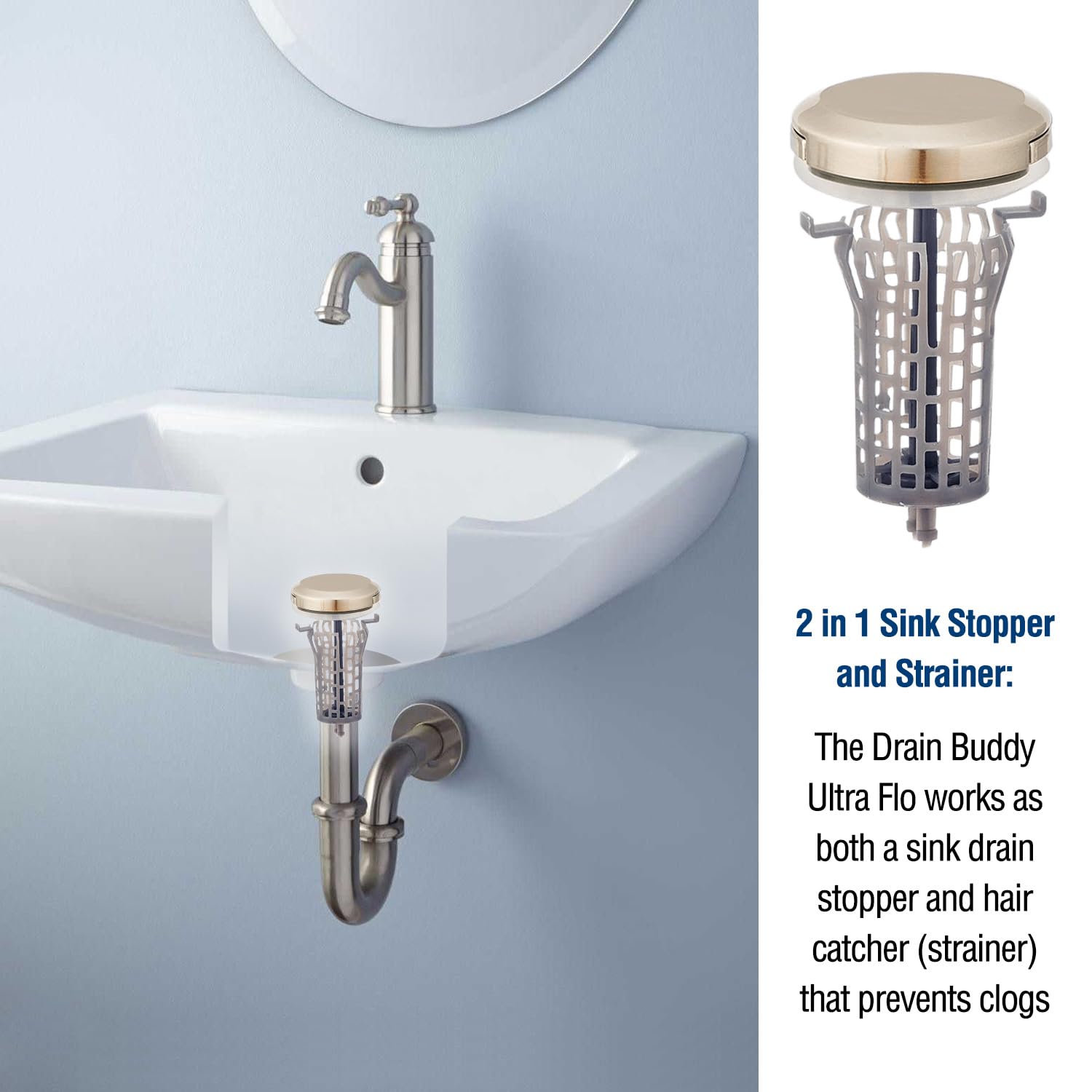 Drain Buddy Ultra Flo- 2 in 1 Bathroom Sink Stopper & Hair Catcher W/Patented Pull Clean Technology! | Fits 1.25β Sink Drains, Clog Preventing | Brushed Nickel Cap / 1 Replacement Basket