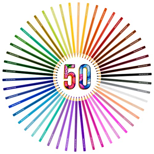 U.S. Art Supply 50 Piece Adult Coloring Book Artist Grade Colored Pencil Set with 4 Styles of Sketching & Drawing Paper - Sketching Shading Blending, Students Adults Beginners
