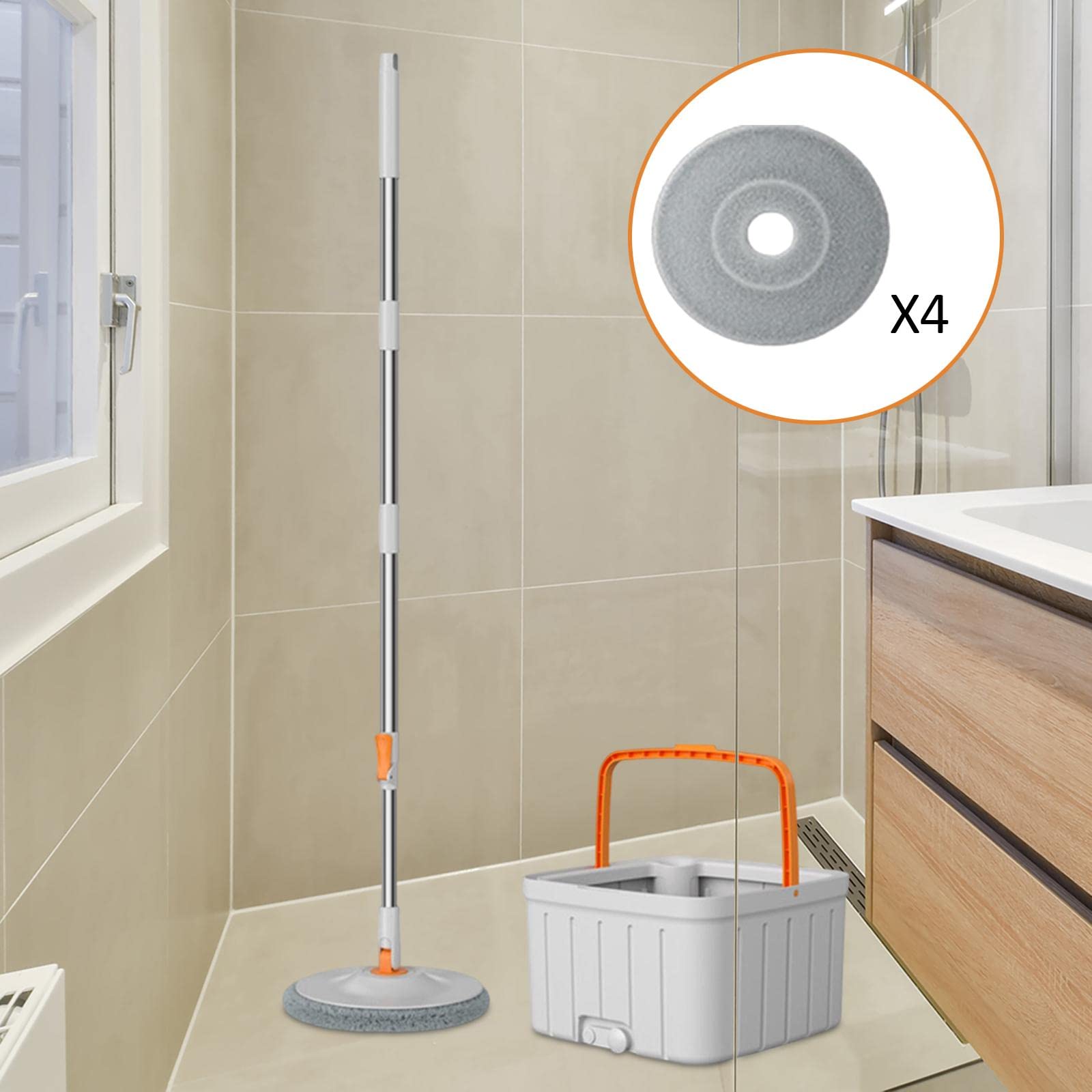 KLKCMS Rotatable Round Flat Floor Mop Bucket Set Rotating Mop Durable Telescopic Mop Handle Extends from 102cm to 128cm for Hardwood Professional, with 4 Pads