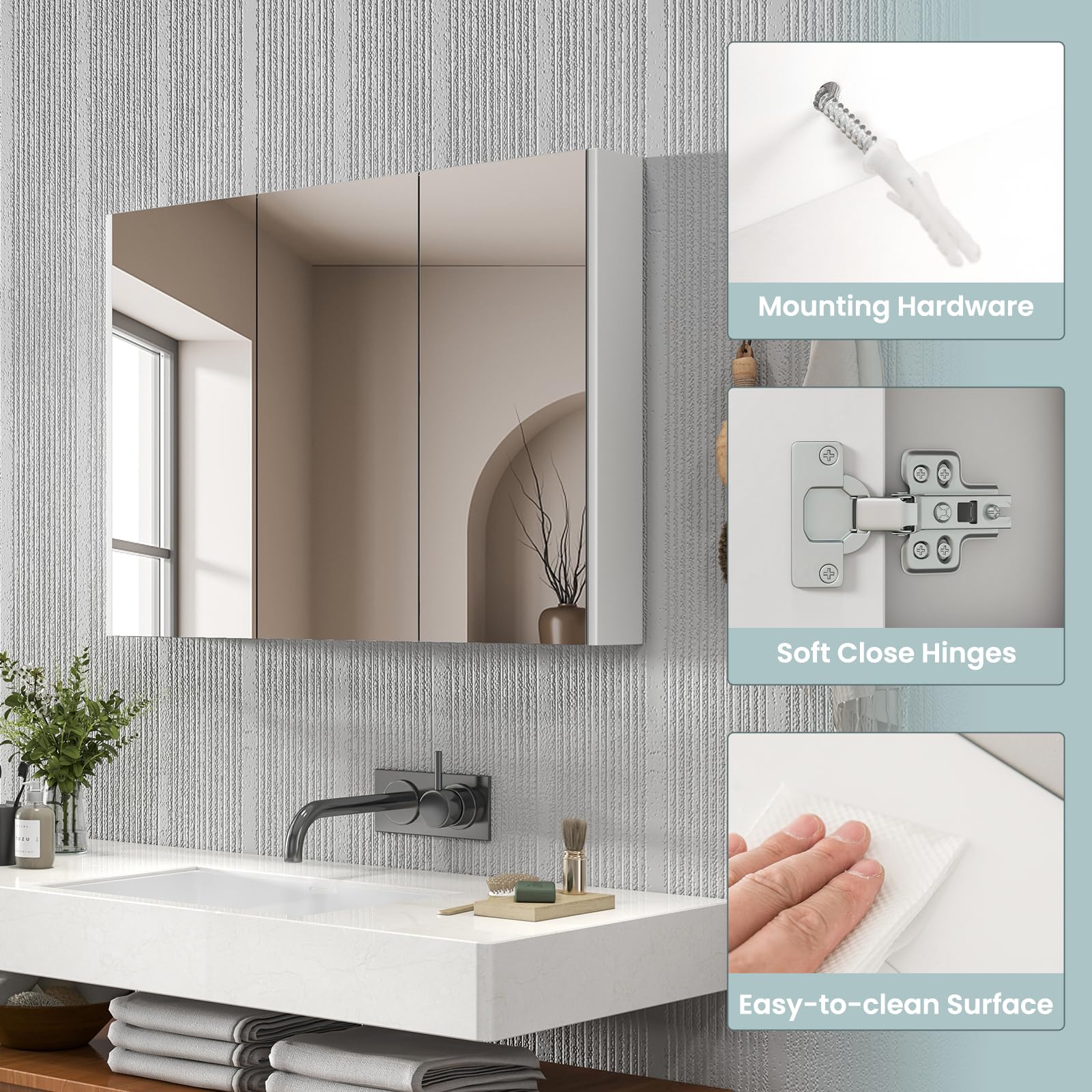 Giantex Bathroom Medicine Cabinet with Mirror - Extra Large Wall Mounted Cabinet with 3 Frameless Mirrored Doors, 2 Adjustable Shelves, 36β x 25.5β Recessed or Surface Mount Bathroom Cabinet