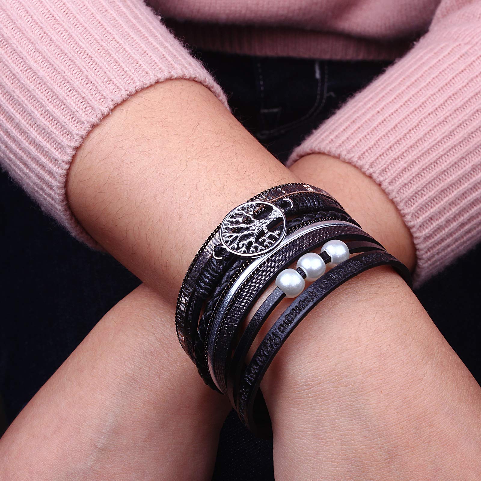 FANCY SHINY Tree of Life Leather Wrap Bracelet Inspirational Cuff Bangles Boho Pearl Bracelets with Clasp Unique Jewelry Gifts for Women(Black)