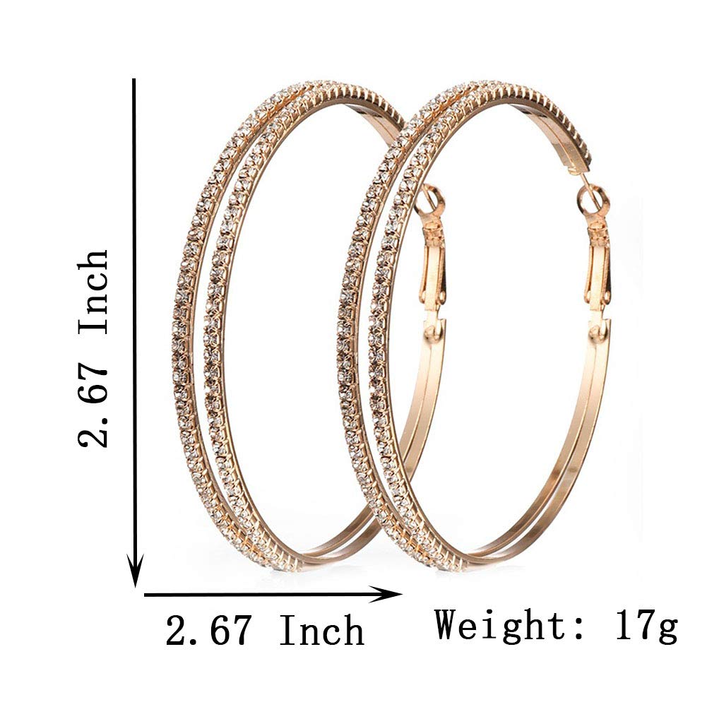 Extra Large Rhinestone Hoop Earrings – 2.67 Inch Oversized Big Huge Crystal Lightweight Hoop Earrings for Women (Gold)