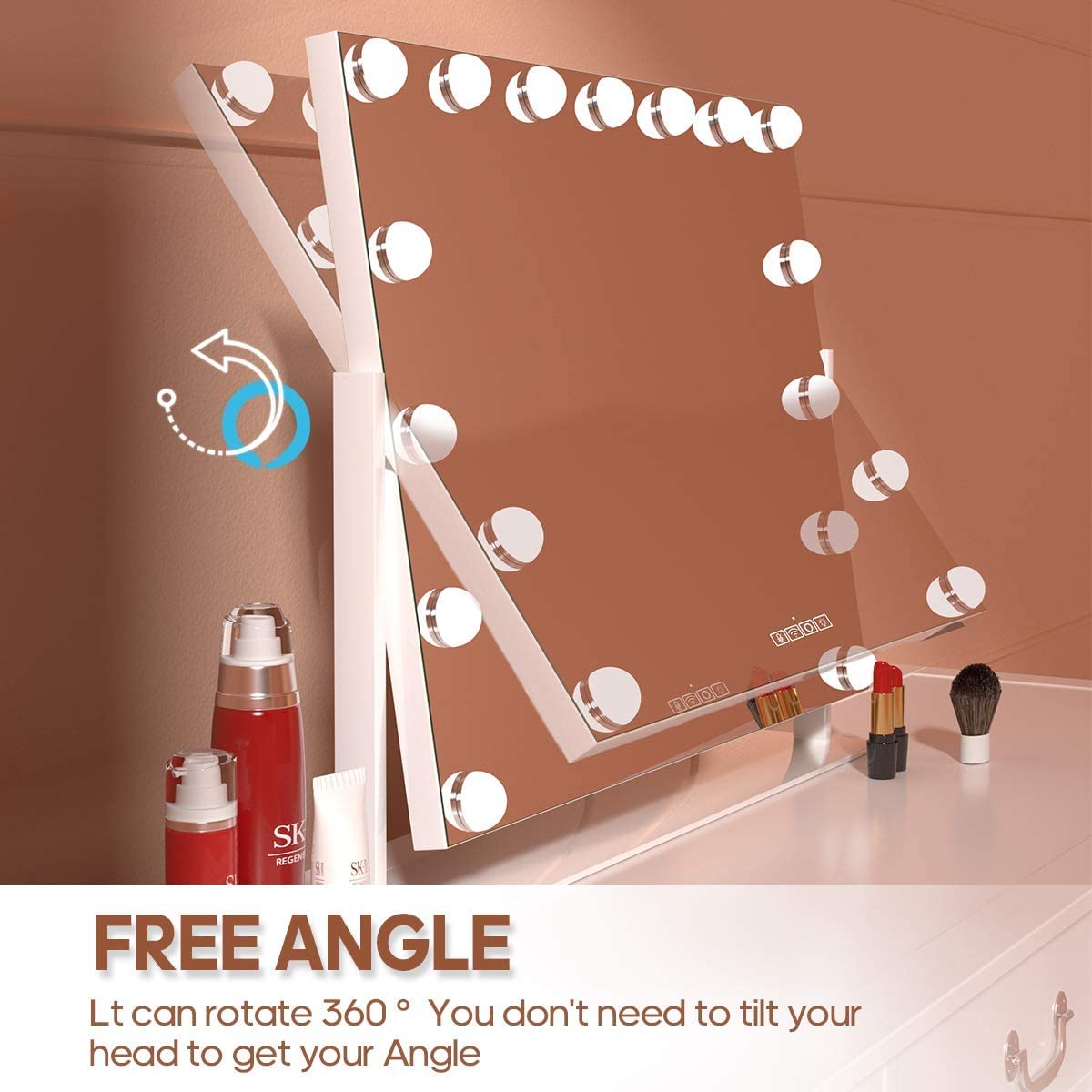Fenair Makeup Mirror with Lights Voice controls The Bulb's lighting and color,360°Rotation, Vanity Mirror with 15 Dimmable Bulbs