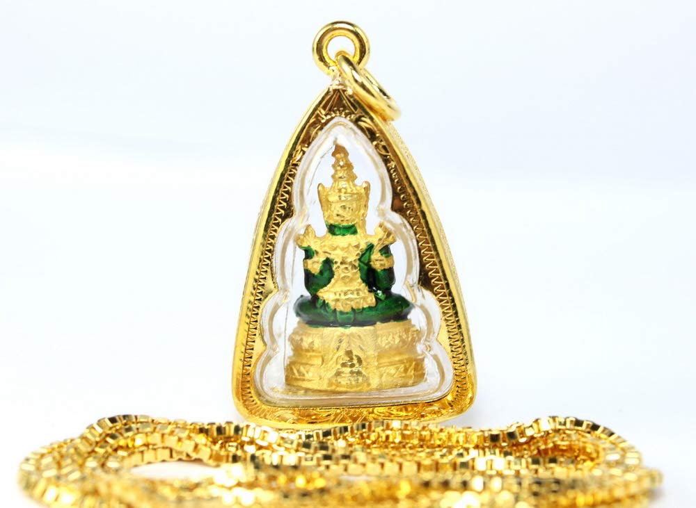 Famous Thai "Emerald" Buddha Amulet Pendant 24k Gold Plated + 18" Chain Necklace