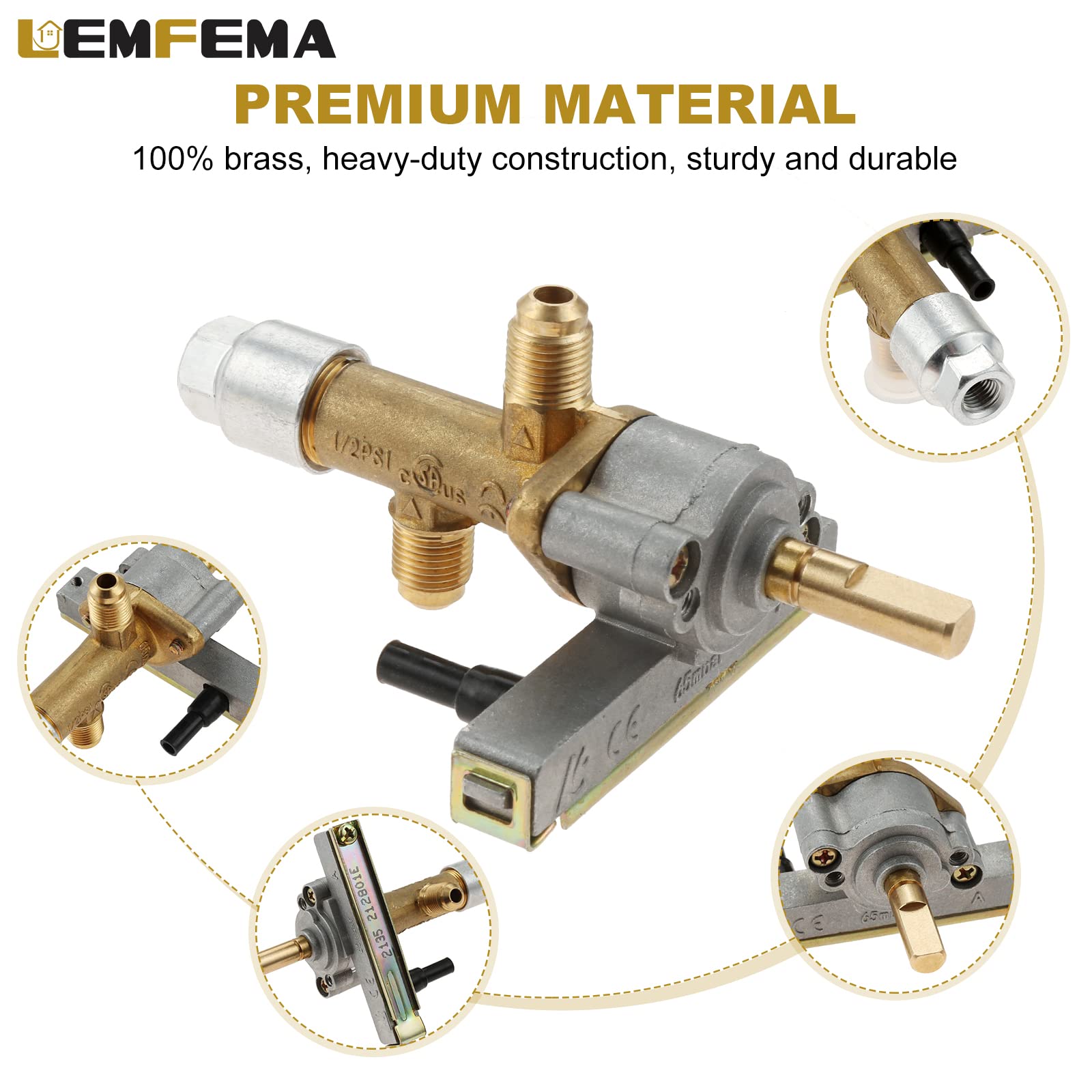 Lemfema Gas Safety Control Valve with Piezo Push Ignition Device Replacement for Garden Sun Propane Powered Patio Heater Repair Replaces Parts(7/16"-24 UNEF Inlet & Outlet)