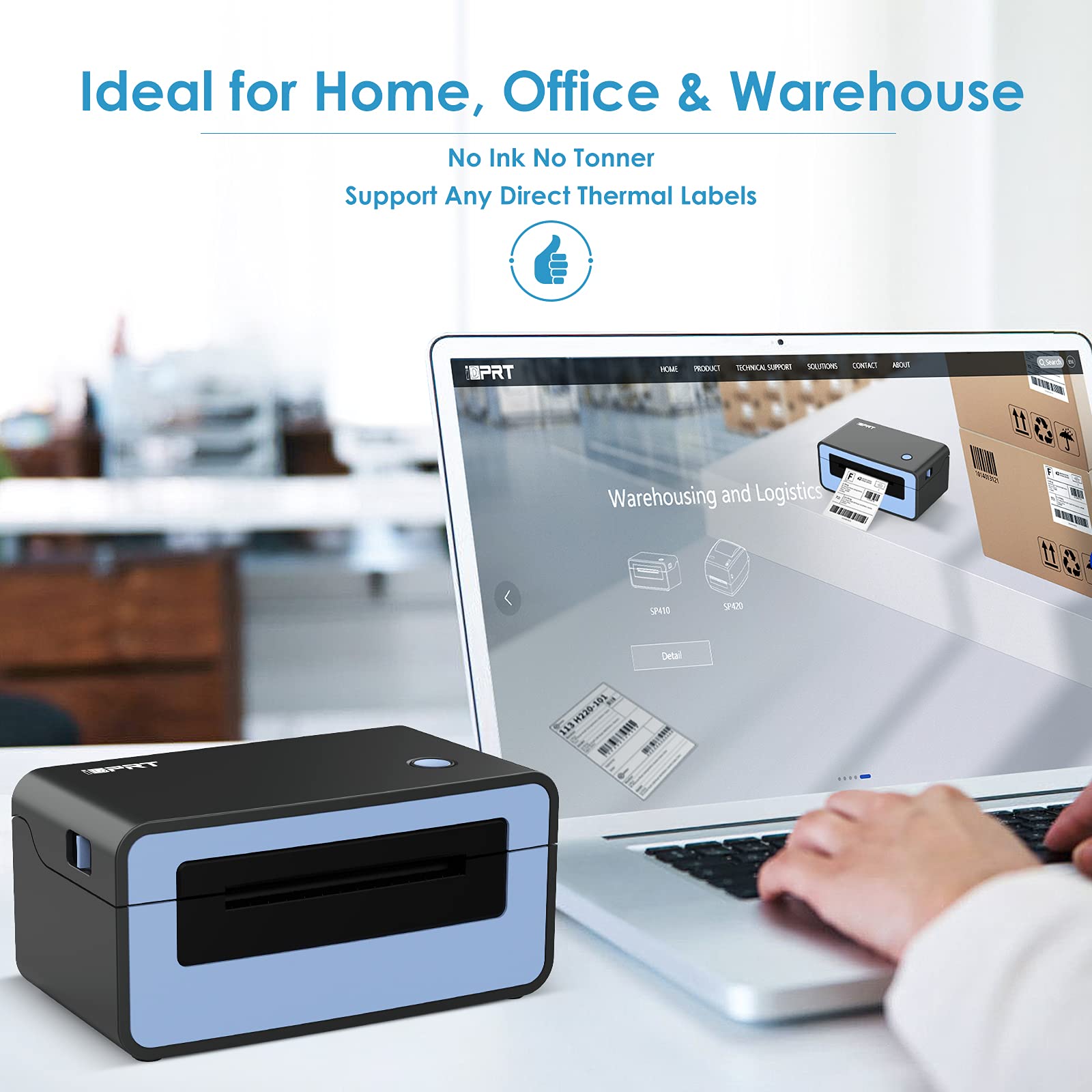 iDPRT Shipping Label Printer - SP410 Thermal Label Printer, Label Printer for Shipping Packages, 150mm/s High-Speed Label Maker for Windows & MAC, Compatible with Shopify, USPS, Amazon & Ebay, Blue