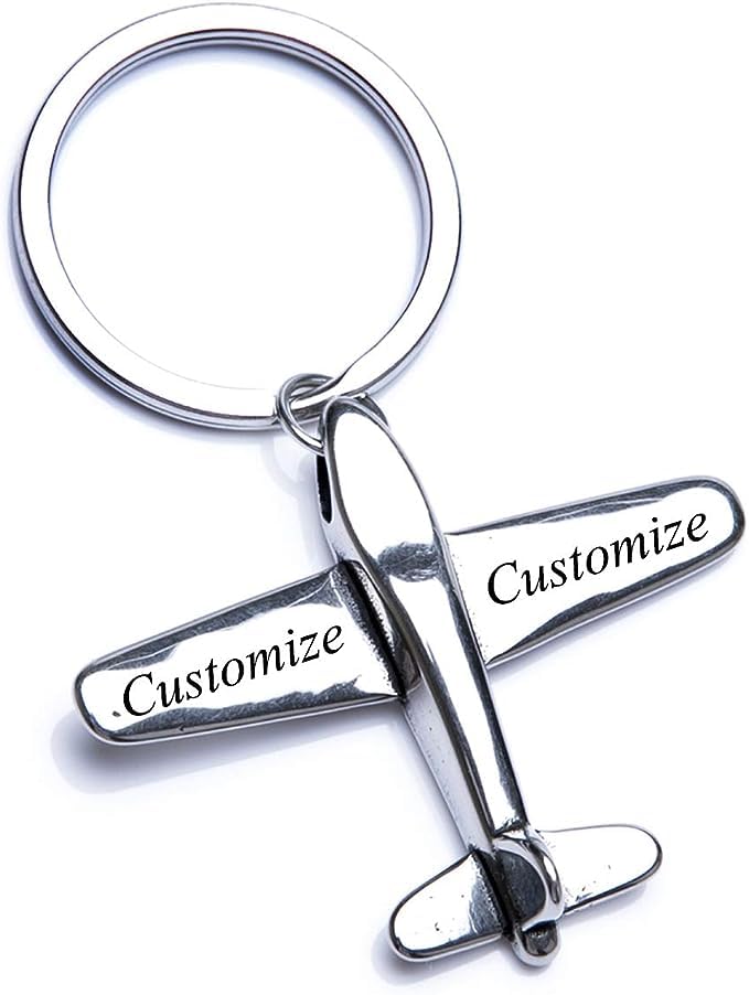 Fanery Sue Custom Airplane Keychain Personalized Key Chains 3D Engraved with Names Stainless Steel Flight Attendant Essentials Gifts for Airplant Retirement Party Travel Birthday Christmas