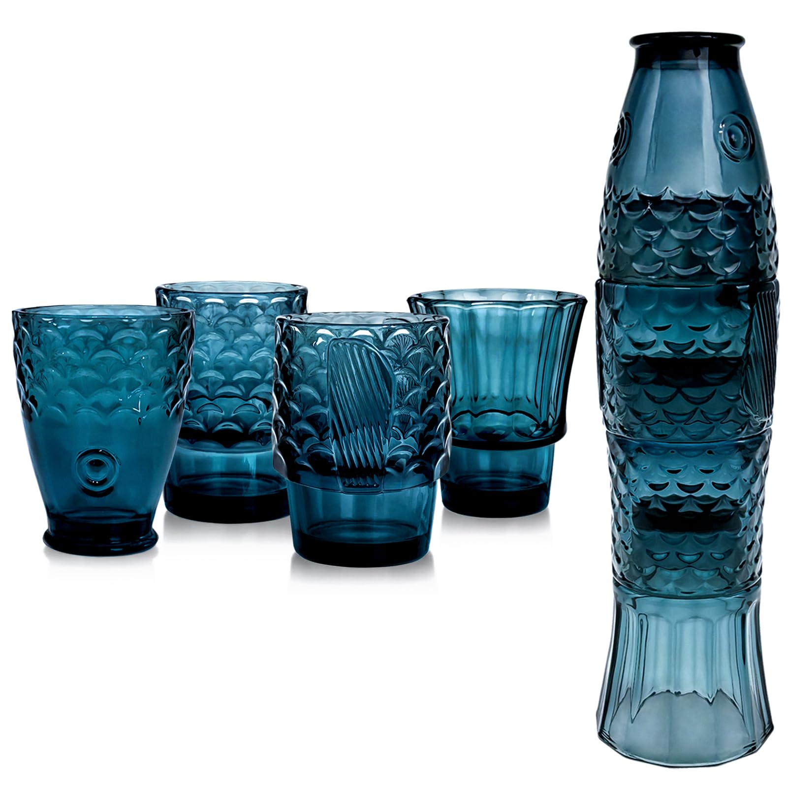 UPZAI 12oz Fish Design Drinking Glasses Set of 4, Stackable Old Fashioned Glass Cups Kitchen Glassware, Home Decor Aesthetic Water Cups for Beside Beverage Juice Coffee Beer Cocktail Whiskey (Blue)