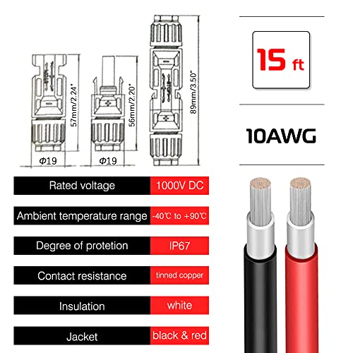 KEDAKEJI 10 Gauge 10 AWG One Pair 15 Feet Black + 15 Feet Red Solar Panel Extension Cable Wire Solar Connectors