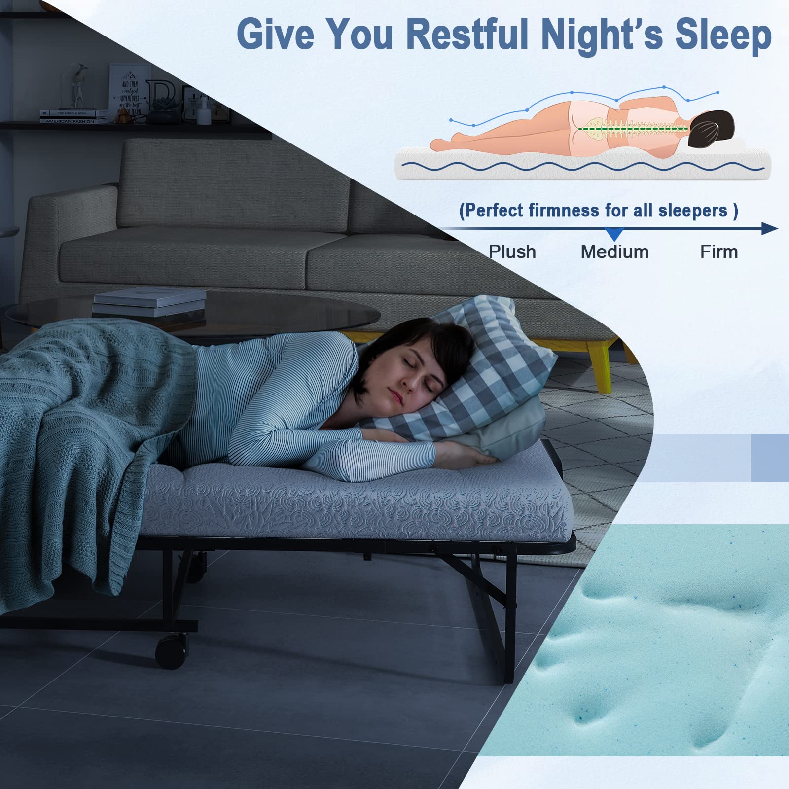 Giantex Folding Bed with 4" Mattress for Adults, Twin Size Rollaway Guest Beds w/Sturdy Metal Frame & Memory Foam Mattress, Easy Storage, Portable Bed on Wheels for Office Room Living Room