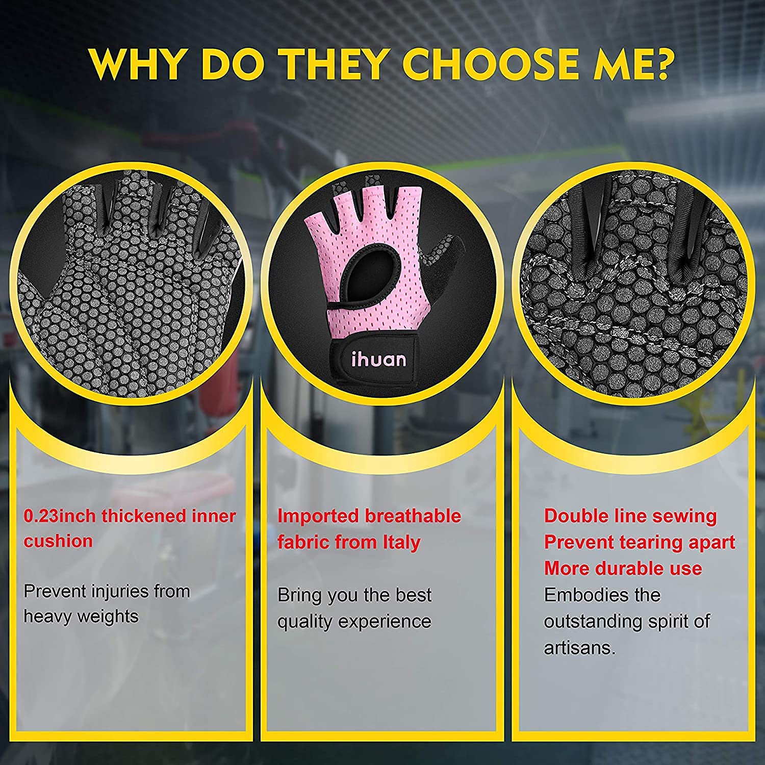 ihuan Breathable Weight Lifting Gloves: Fingerless Workout Gym Gloves with Wrist Support | Enhance Palm Protection | Extra Grip for Fitness | Lifting | Training | Rowing | Pull-ups……