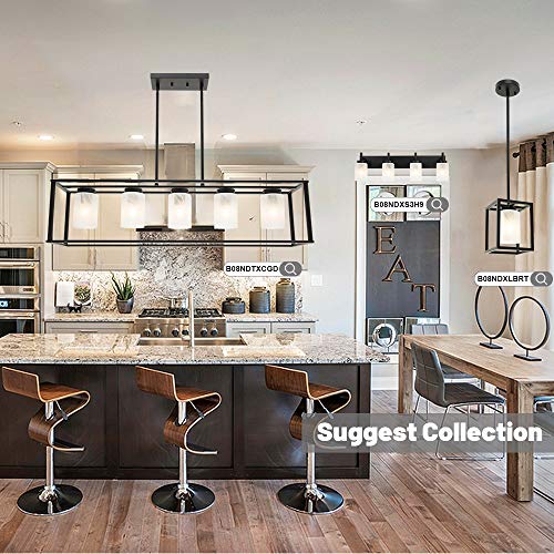 VINLUZ 5 Light Kitchen Island Chandeliers Farmhouse Black Linear Dining Rooms Lighting Fixtures Hanging with White Alabaster Glass Shade Rectangle Modern Industrial Pendant Ceiling Lights