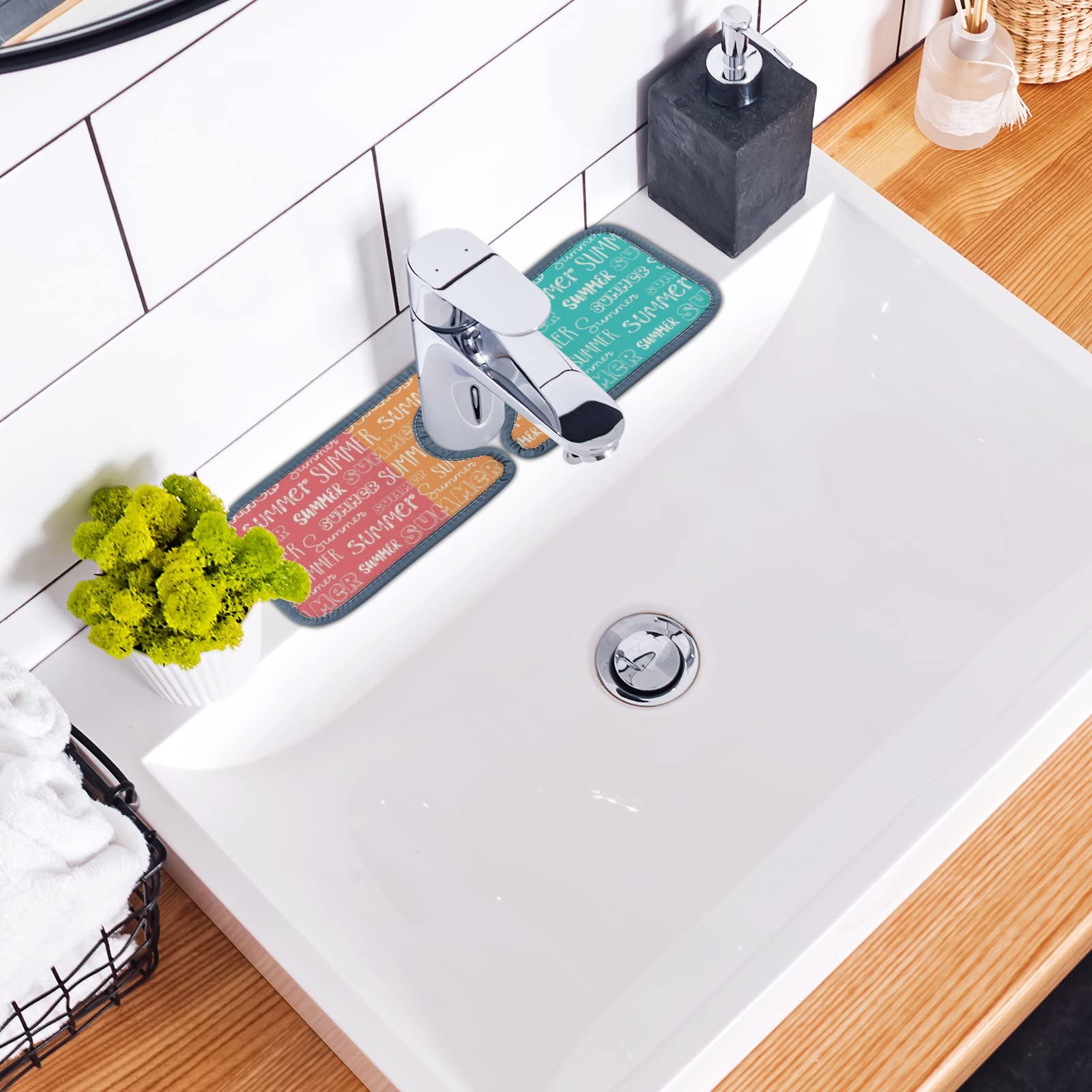 Kitchen Faucet Mats 4 Pieces Summer Funny Letters Absorbent Faucet Sink Splash Guard Bathroom Counter and RV,Faucet Counter Sink Water Stains Preventer