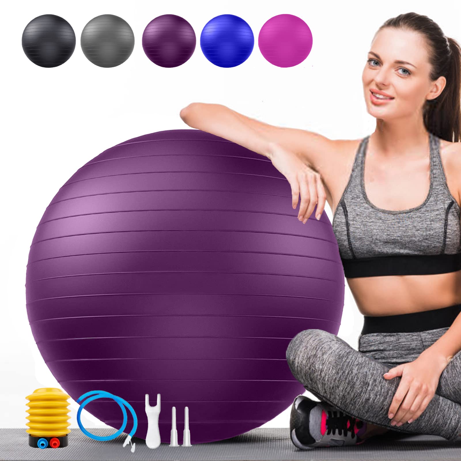 Goonidy PL-0123 purple 45cm Yoga Ball Anti-Burst for Pregnancy Birthing, Excersize with Quick Pump - 45cm PL-0123