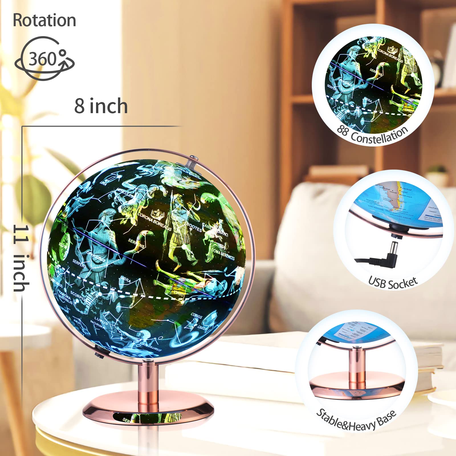 Globe for Kids Learning, 8 Inch Illuminated LED 3 in 1 Desktop Geographic Constellation Interactive Educational Discovery World Map Globes for School Child Adults Teaching Cafe Home&Office Decoration…