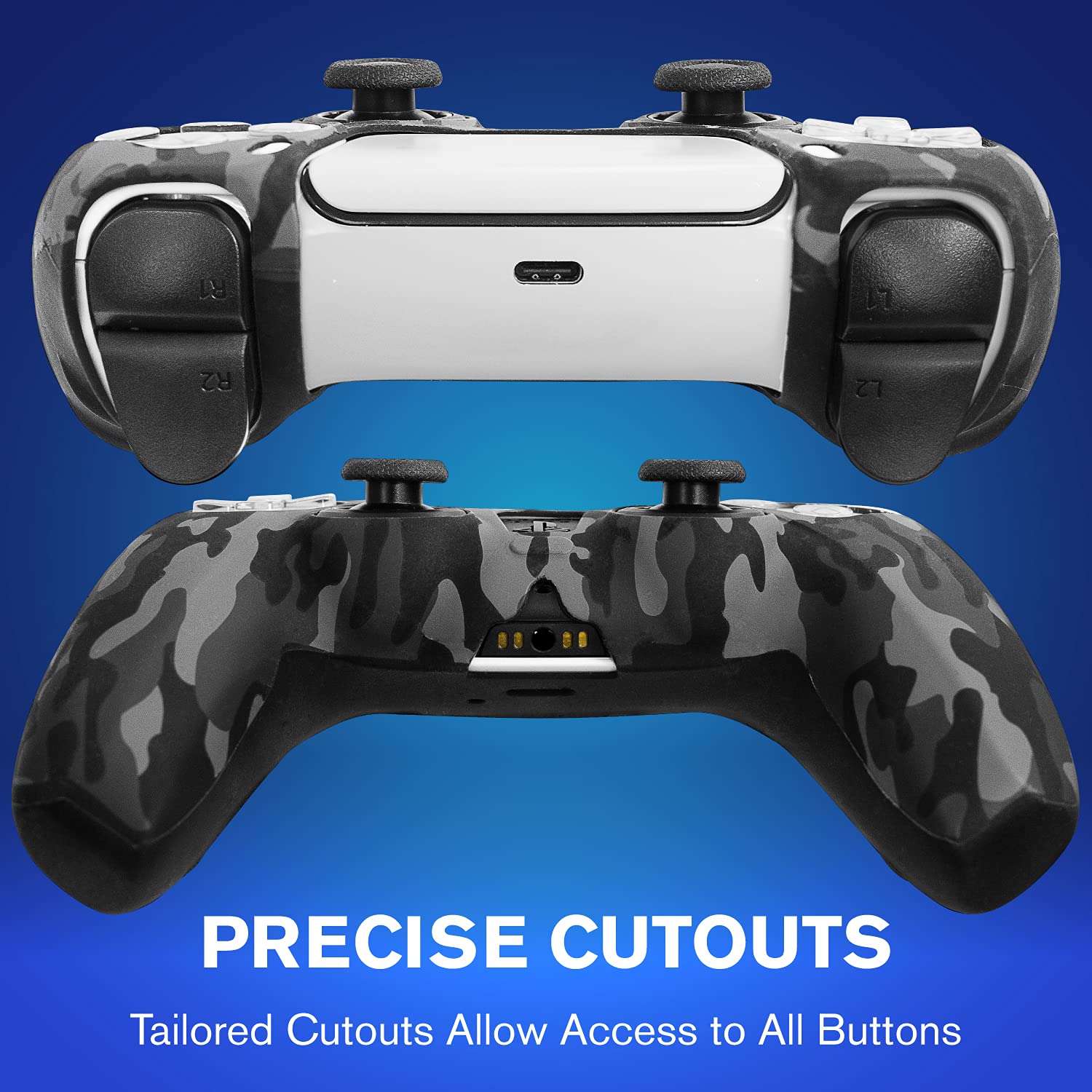 Fosmon Non-Slip Skin Protective Case Cover Compatible with Playstation PS5 DualSense Controller (2 Pack - Black), Sweat Proof Silicone Rubber Gel Skin with 8 Thumb Grips Analog Cap
