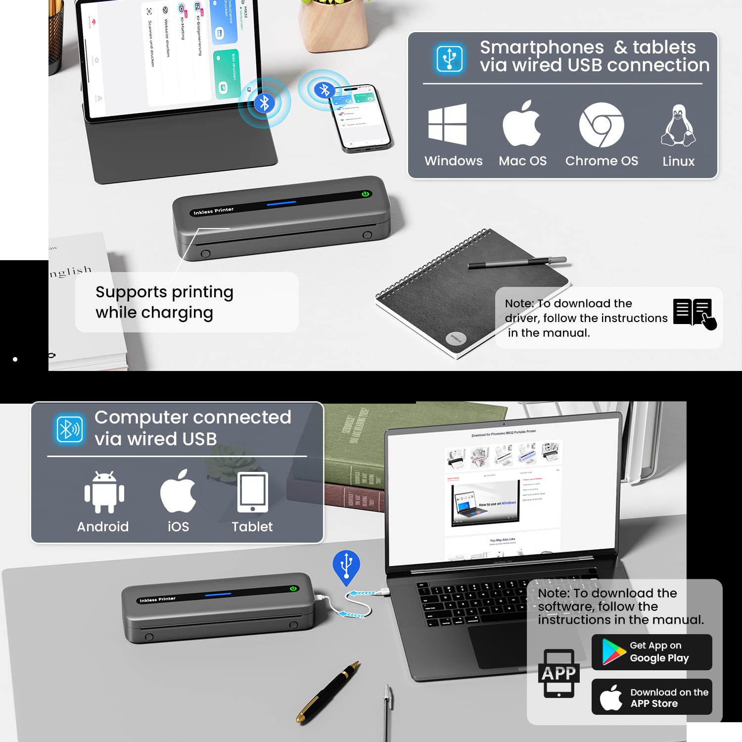 Portable Printer Wireless Travel Compatible with Apple iPhone iPad Android - A4 Inkless Printer Support 8.5x11"/8.26"/4"/3"/2" Thermal Pirnter Paper - Bluetooth Printer for Home Office Dorm Vehicle