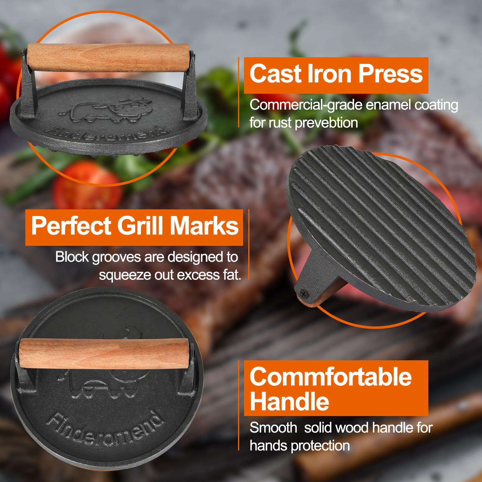 Finderomend Hamburger Press,Cast Iron Grill Press,Heavy Duty Smash Meat,Bacon,Steak & Burger Press with Wooden Handle for Blackstone Pitboss Weber Treager Griddle (Calf-Round 3)