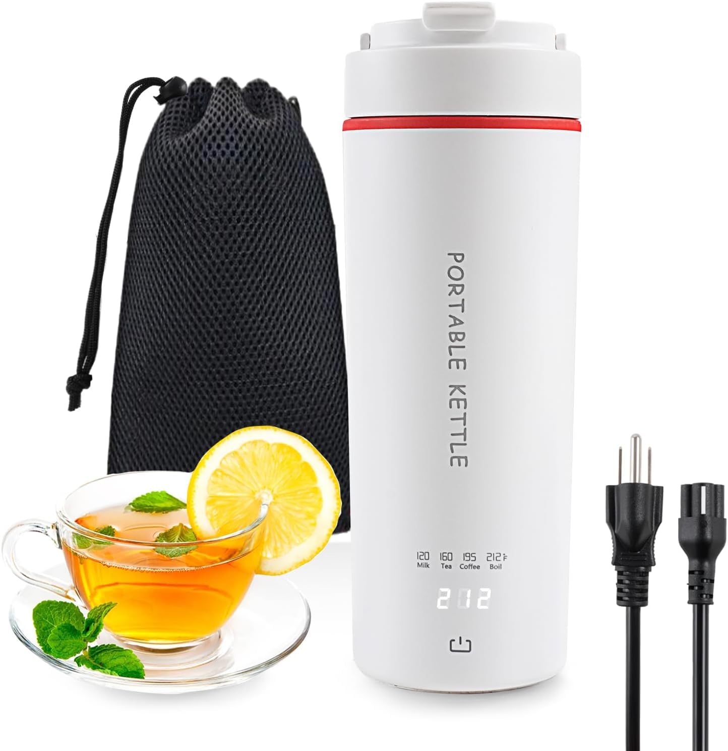 SizzleCook Electric Travel Kettle, Portable Tea Coffee Kettle Hot Water Boiler, 380ml Small Water Boiler with Temperature Control, Auto Shut-Off(with Large Carrying Bag)
