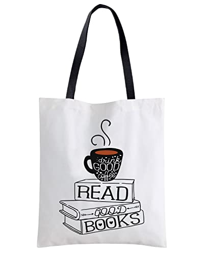 XIKAINUO Drink Good Coffee Read Good Books Cotton Canvas Tote Bag with Interior Pocket, Travel Shopping Shoulder Bag Birthday Christmas Gifts for Readers, Coffee Lovers, Bookworm, Teens