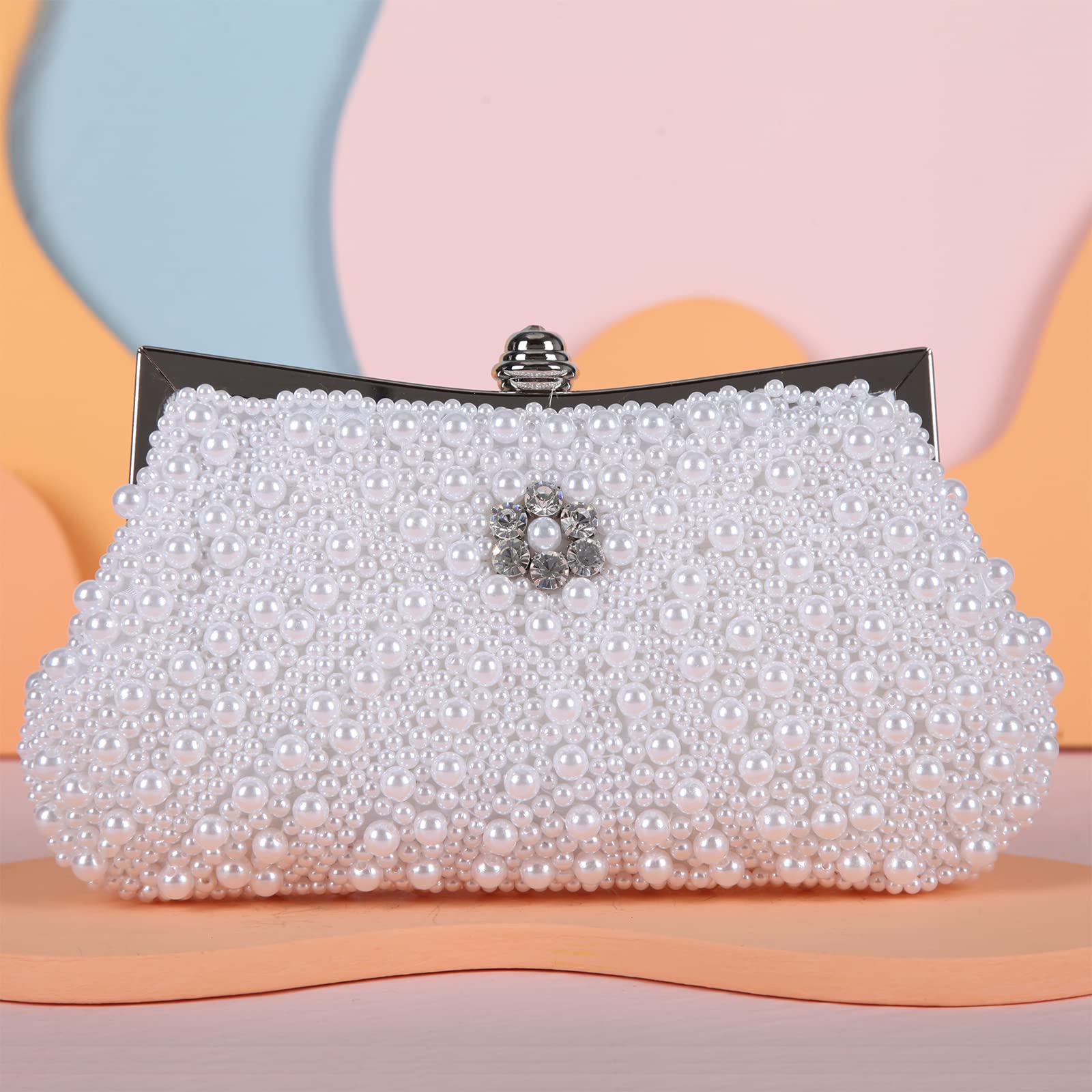 Fawziya Evening Clutch Bling Rhinestone Faux Pearl Soft Novelty Purses For Women Formal-White