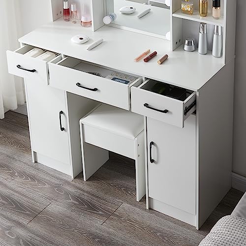 Xinhonglei Large Vanity Set with LED Lights, Vanity Desk with Mirror and Lights, Makeup Vanity Dressing Table with Drawewrs, Cabinet and Cushioned Stool for Bedroom, White