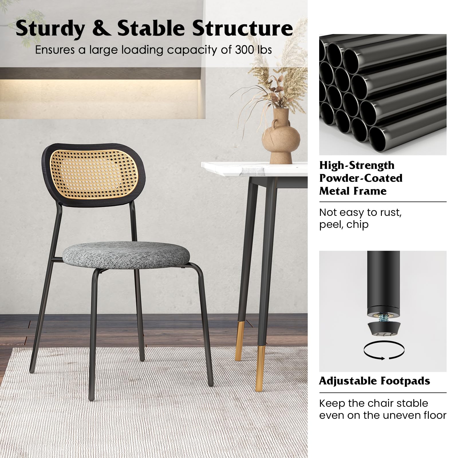Giantex Rattan Dining Chairs Set of 2, Upholstered Kitchen Chairs with Metal Legs, Max Load 300 Lbs, PU Leather Dining Side Chairs with Round Padded Seat, Modern Dinner Chair for Dining Room, Brown