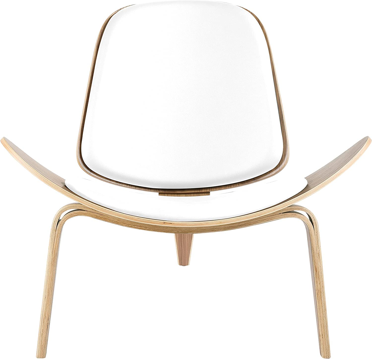 First of a Kind Lounge Chair for Living & Study Room - Faux Leather Tripod Plywood Solid Wood Shell Chairs - Modern Classic Mid Century Design - White
