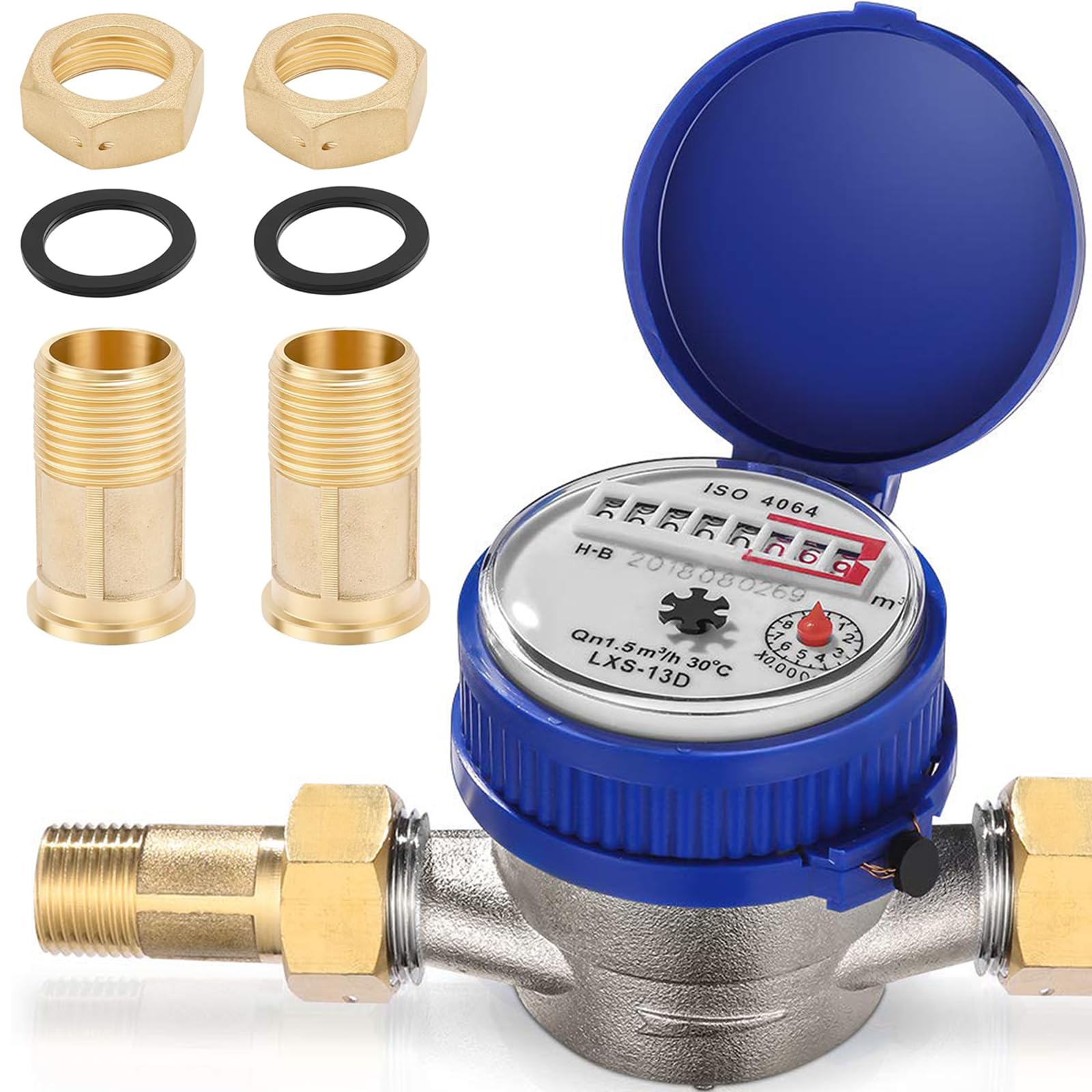 LEADWIN Water Metal, Flow Meter, DN15, 1/2" NPT Couplings, Accurate Long Time Cold Water Meter, for Garden and Home Use