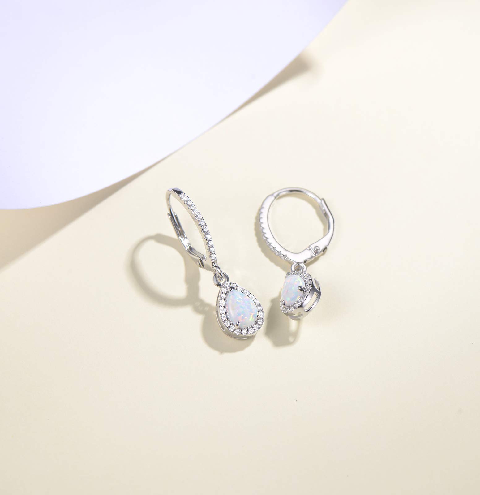 FANCIME Opal Earrings October Birthstone Earrings Sterling Silver Created Fire Opal Halo Cubic Zirconia Leverback French Back Teardrop Earrings Fine Jewelry for Women
