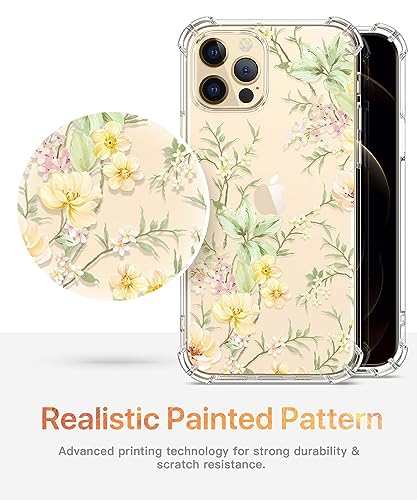 GVIEWIN for iPhone 12 Case and iPhone 12 Pro Case with Screen Protector + Camera Lens Protector, Clear Floral Flexible TPU Shockproof Women Girls Flower Phone Case 6.1"(Peach Blossom/Yellow)