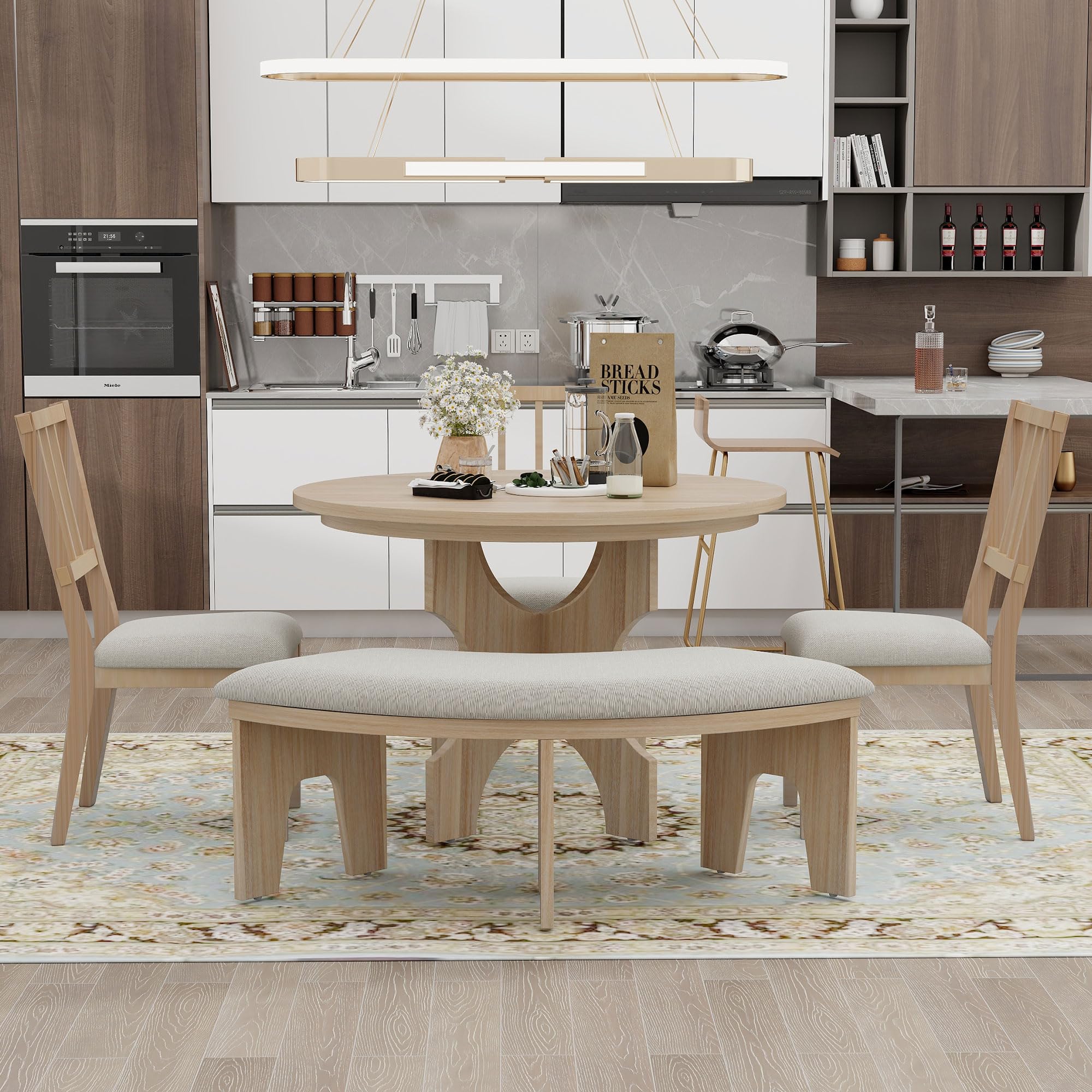 FIQHOME Kitchen Room Retro 5-Piece Set, 44' Round Dining Table with Curved Bench & 3 Upholstered Chairs and Special-Shaped Legs, 4-5 People,Natural Wood Wash