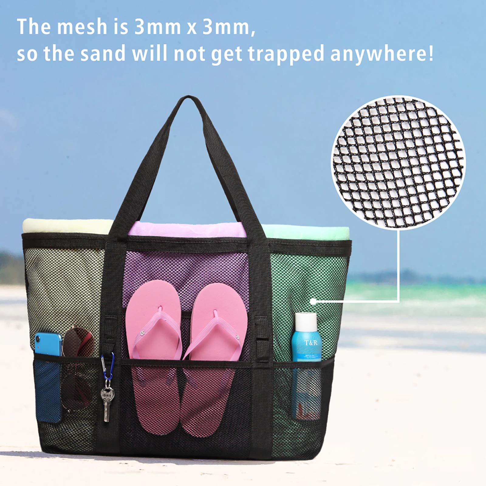 F-color Mesh Beach Bag Family - Beach Tote 9 Pockets Beach Towel Bag, Black