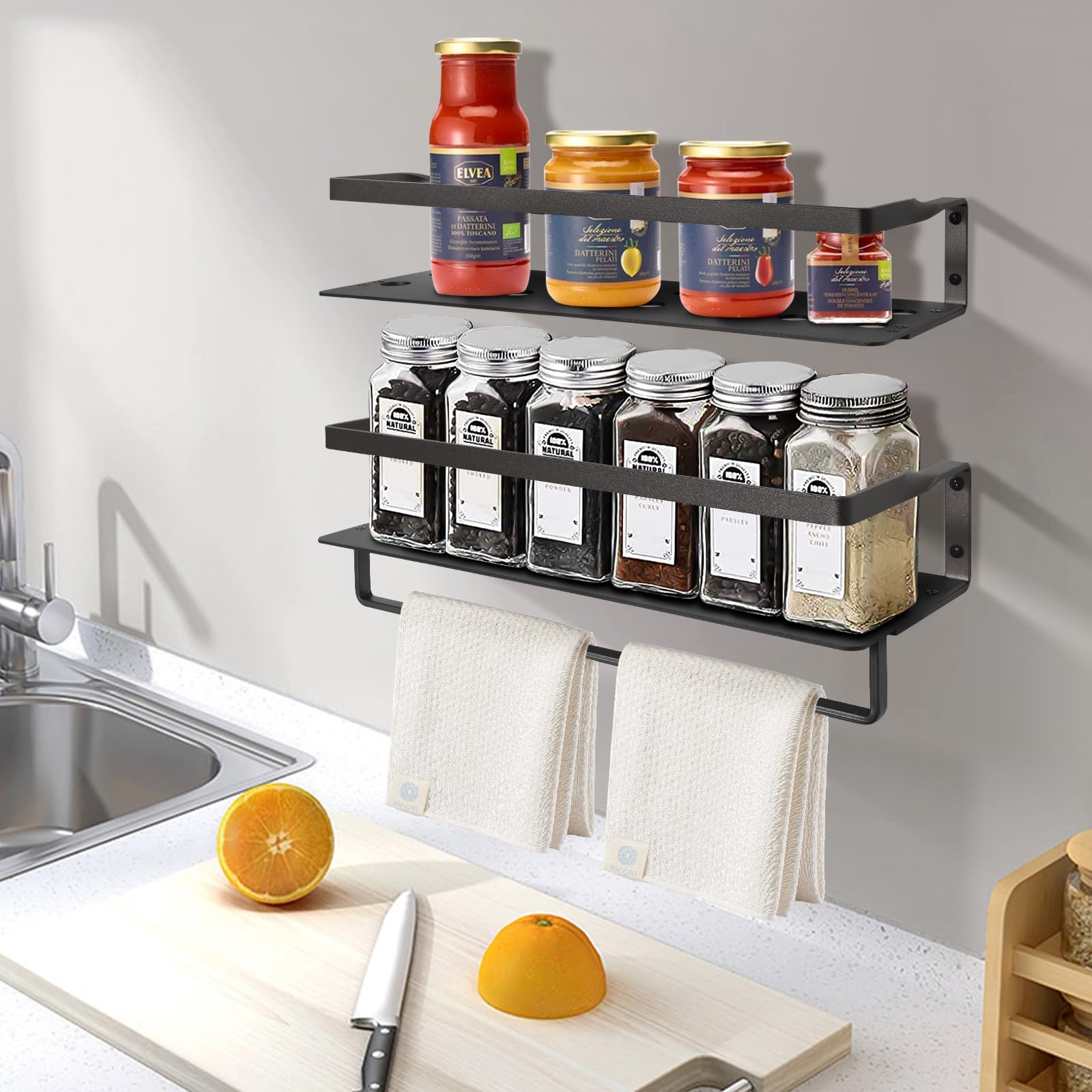 Uten Floating Shelves, Wall Mounted Updated Space Aluminum Shelves Set of 2, Bathroom Storage Shelves with Towel Rack, Wall Hanging Organizer Shelf for Bathroom, Kitchen
