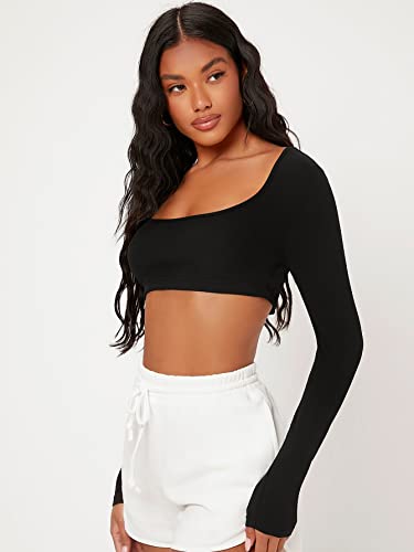 SOLY HUX Long Sleeve Crop Tops for Women Sexy Scoop Neck Rib Knitted Workout Basic Tees Slim Fitted Cropped T Shirts Solid Black M