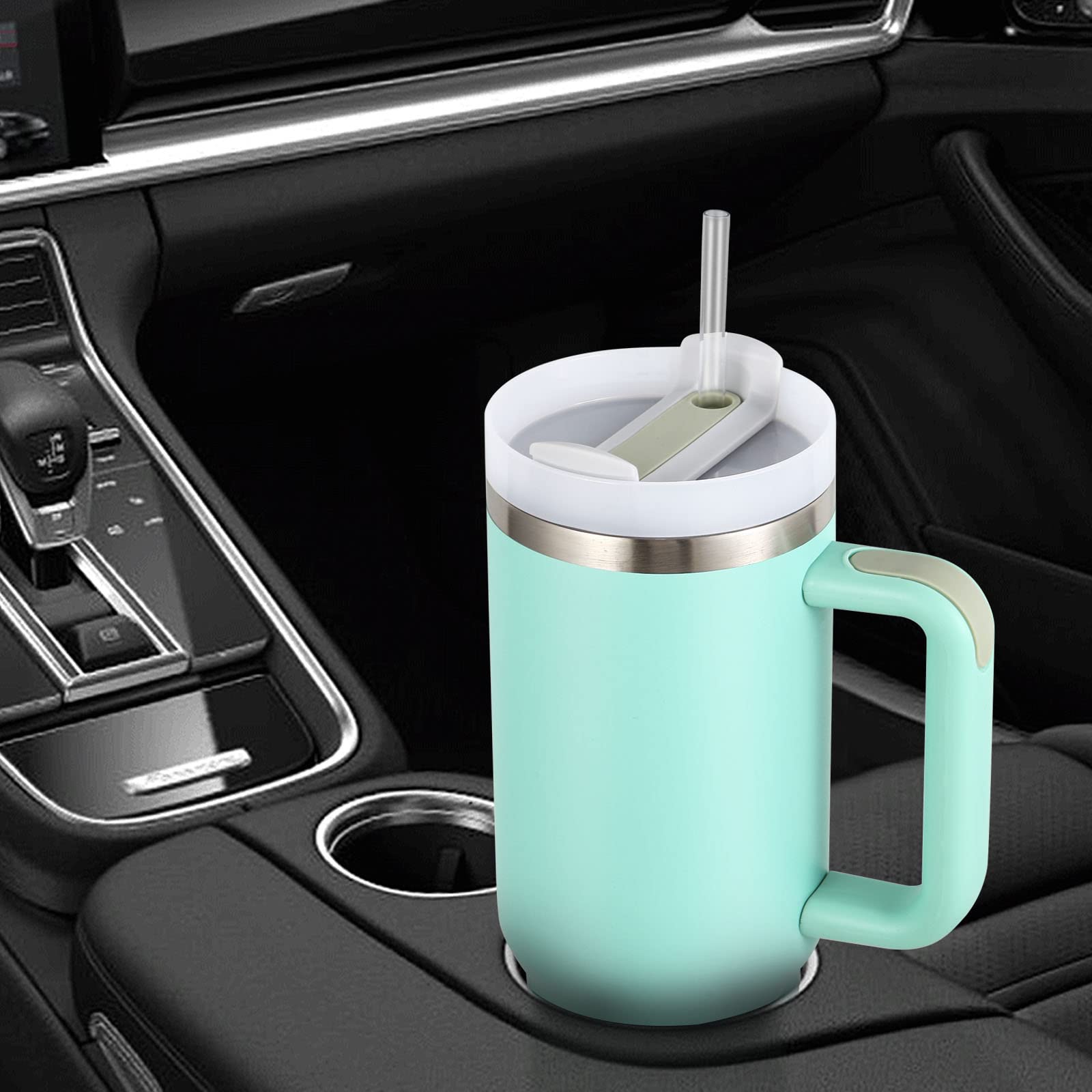 JOZELNK 40oz Tumbler with Handle, Insulated Big Mug wtih Straw and Lid, Stainless Steel Double Wall Vacuum Iced Coffee Cup (Eucalyptus)