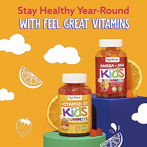 Feel Great Kids Vitamin D3 1000 IU Gummies | Kids Vitamin D Gummies for Healthy Bones, Mood, & Immune Support | Citrus Flavored Vegetarian D3 Gummies | 90 Day Supply