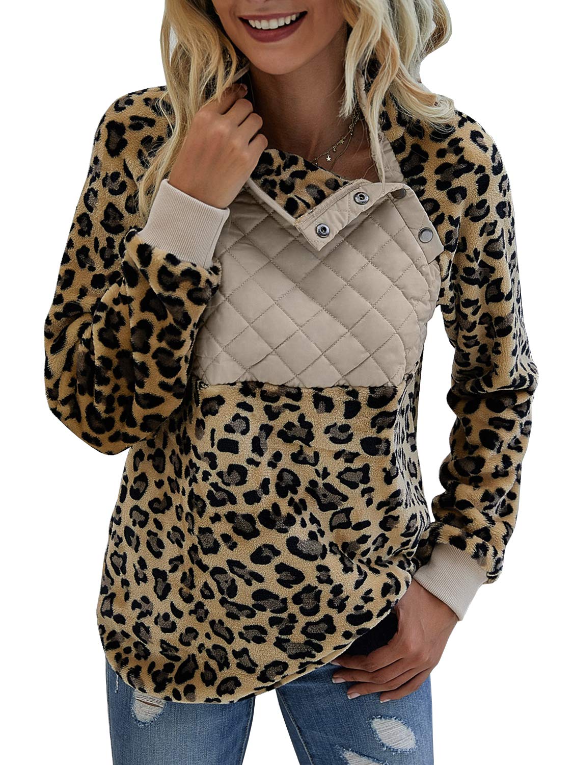 Glamaker Women's Leopard Print Long Sleeve Zipper Fuzzy Fleece Pullover Sweatshirt Oversized Sherpa Lapel Tops Outwear with Pockets Leopard-Khaki Large
