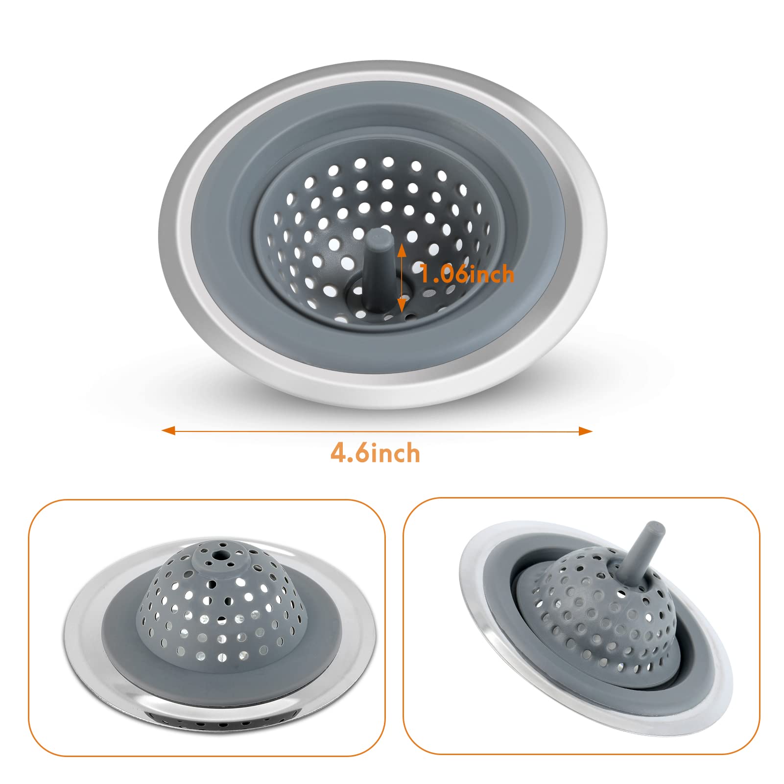 Kitchen Sink Drain Strainer 2 Pack Silicone Sink Stopper for Kitchen Sink with Stainless Steel Edge 4.5'' Diameter Rim