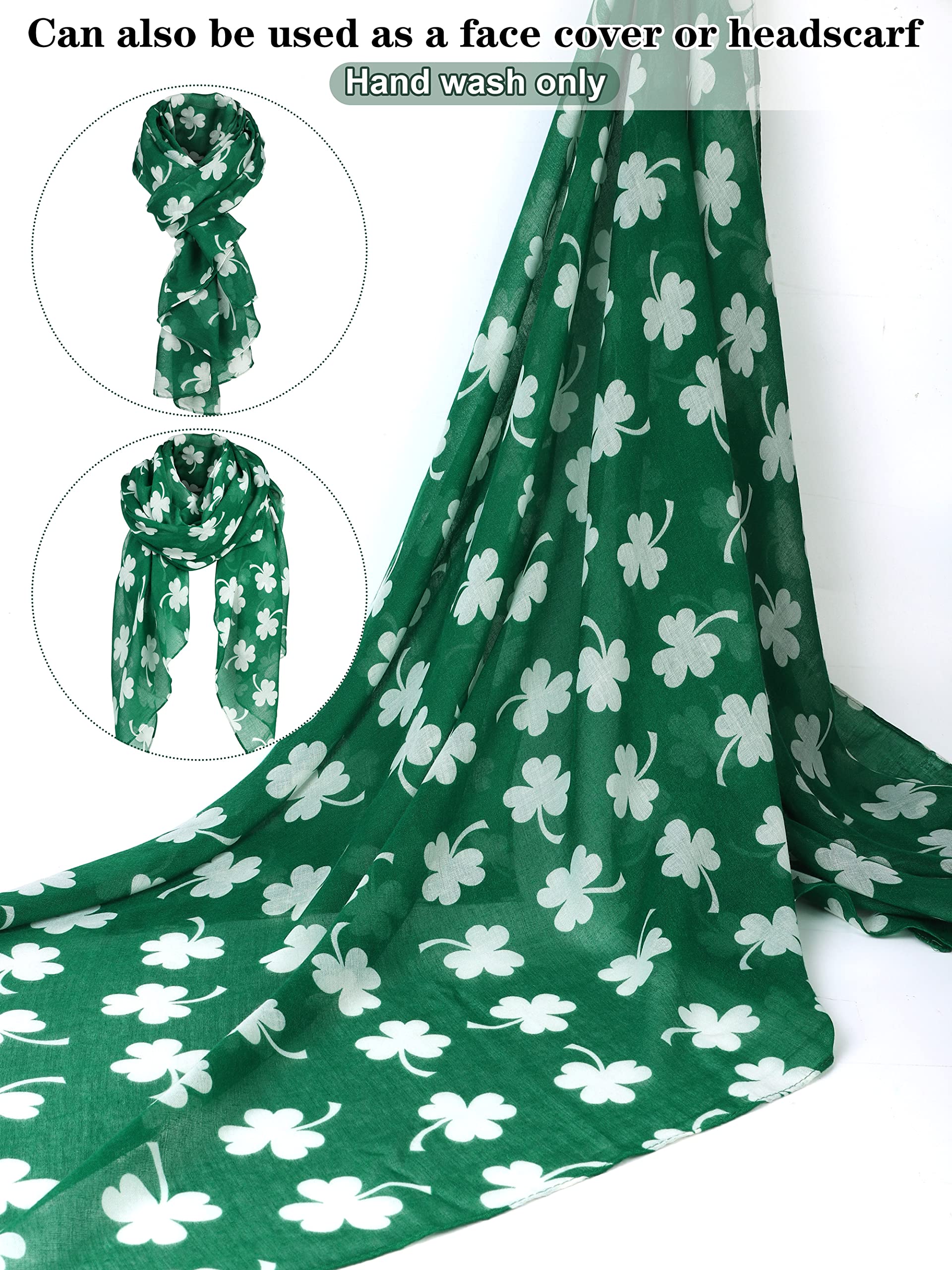 KUTTOR 2 Pack Women's St Patrick's Day Long Shamrock Scarf Irish Clover Silky Stripe Irish Theme Print Wrap Shawls for Women