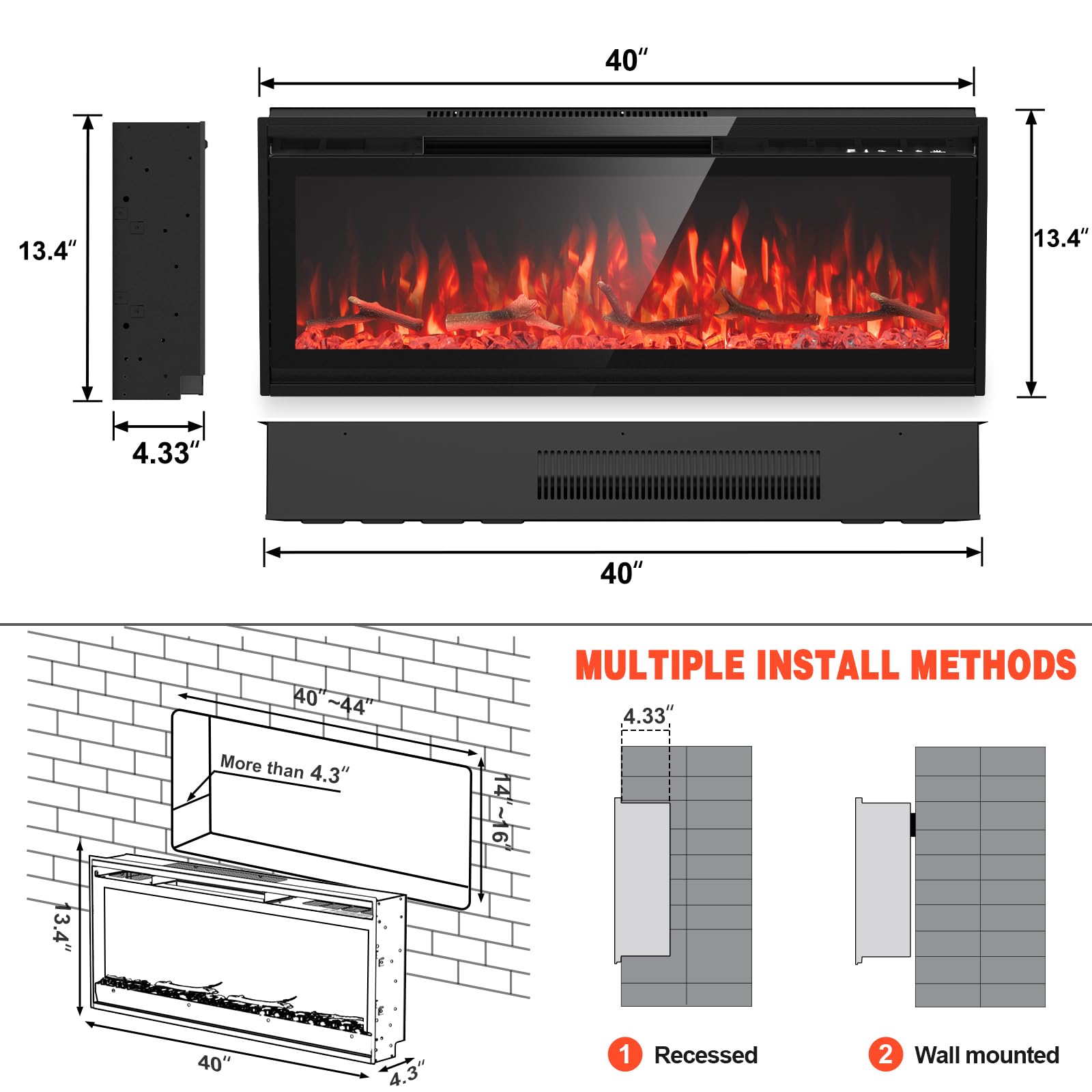 Ooiior 40 Inch Electric Fireplace, Recessed and Wall Mounted Fireplace with Remote Control, Ultra-Thin Fireplace Heater and Linear Fireplace, with Timer, Adjustable Flame Color, 750/1500W