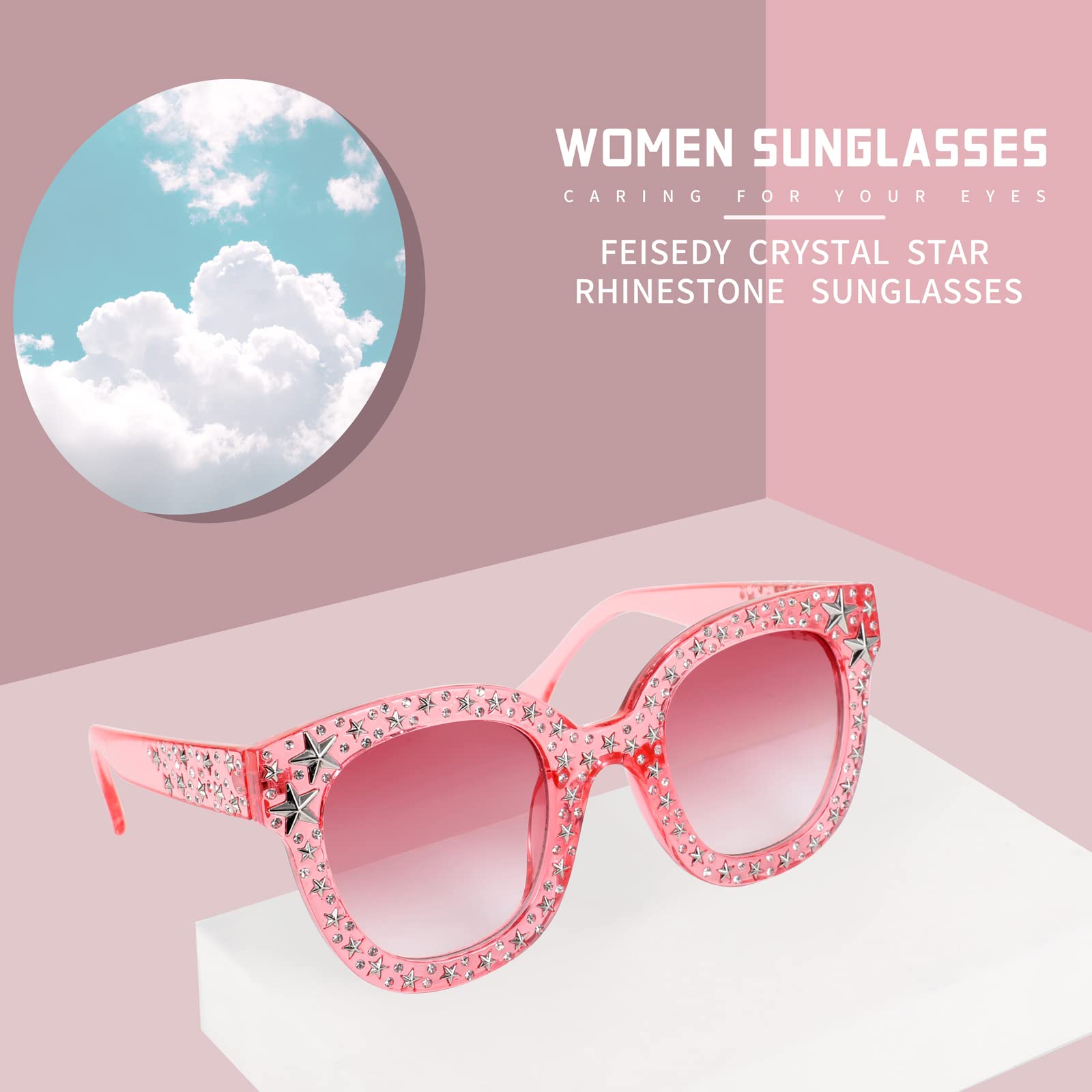 FEISEDY Women Vintage Cateye Crystal Rhinestone Star Sunglasses Novelty Glitter Shades B4068