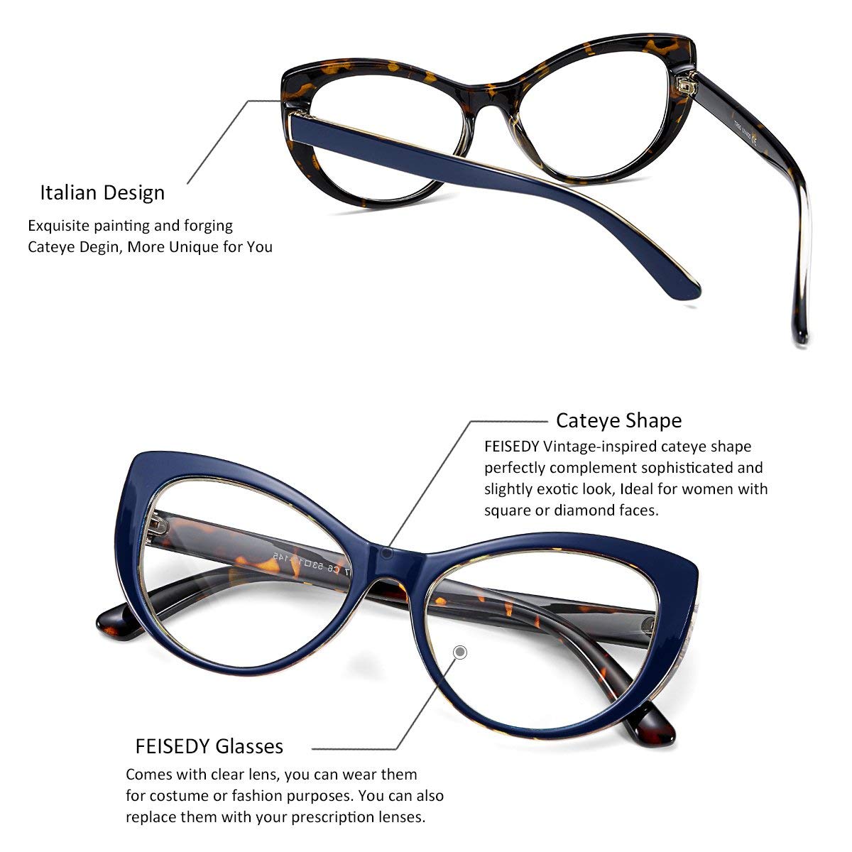 FEISEDY Womens Cateye Glasses Frame Printed Eyewear Clear Lenses Eyeglasses B2441