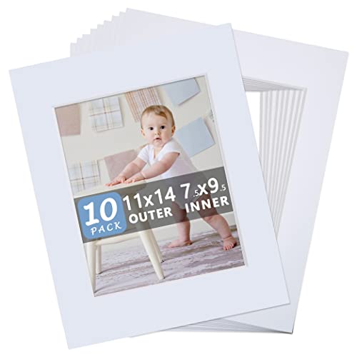 Somime 10 Pack Pre-Cut 11 x 14 White Picture Mats for 8x10 Photos - White Core Bevel Cut Frame Matte, Acid Free, Ideal for Frames/Artwork/Prints