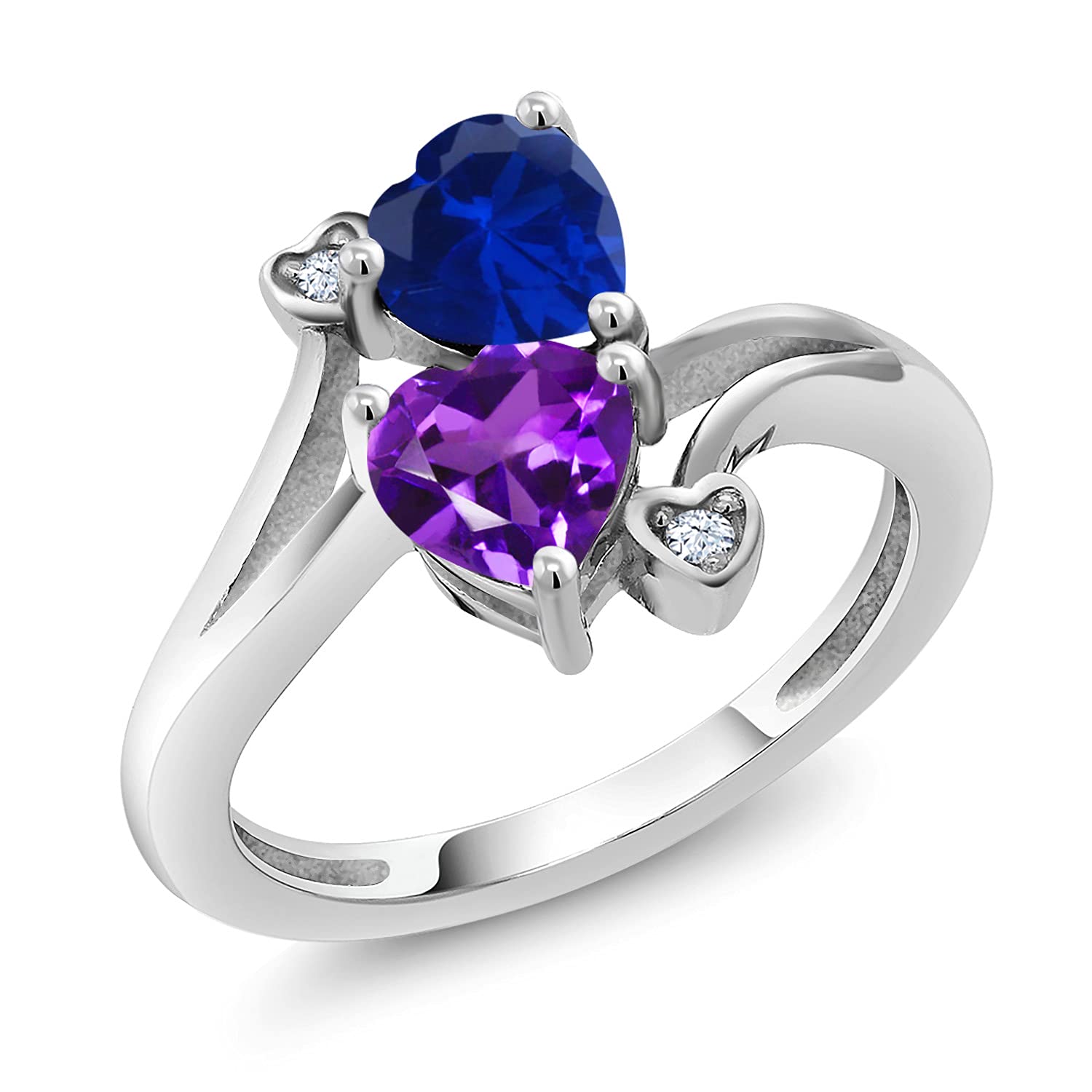 Gem Stone King 925 Sterling Silver Blue Created Sapphire Purple Amethyst Ring For Women (1.48 Cttw, Heart Shape 6MM, Gemstone September Birthstone, Available In Size 5, 6, 7, 8, 9)