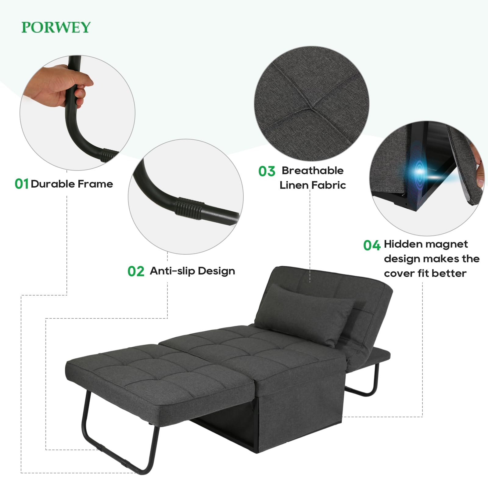 PORWEY Sleeper Chair Bed, 4-in-1 Convertible Futon Ottoman Bed Sleeper, Foldable Sofa Couch with Adjustable Backrest for Guest Room/Office Living Room, No Assembly Required, 29β Width,Gray
