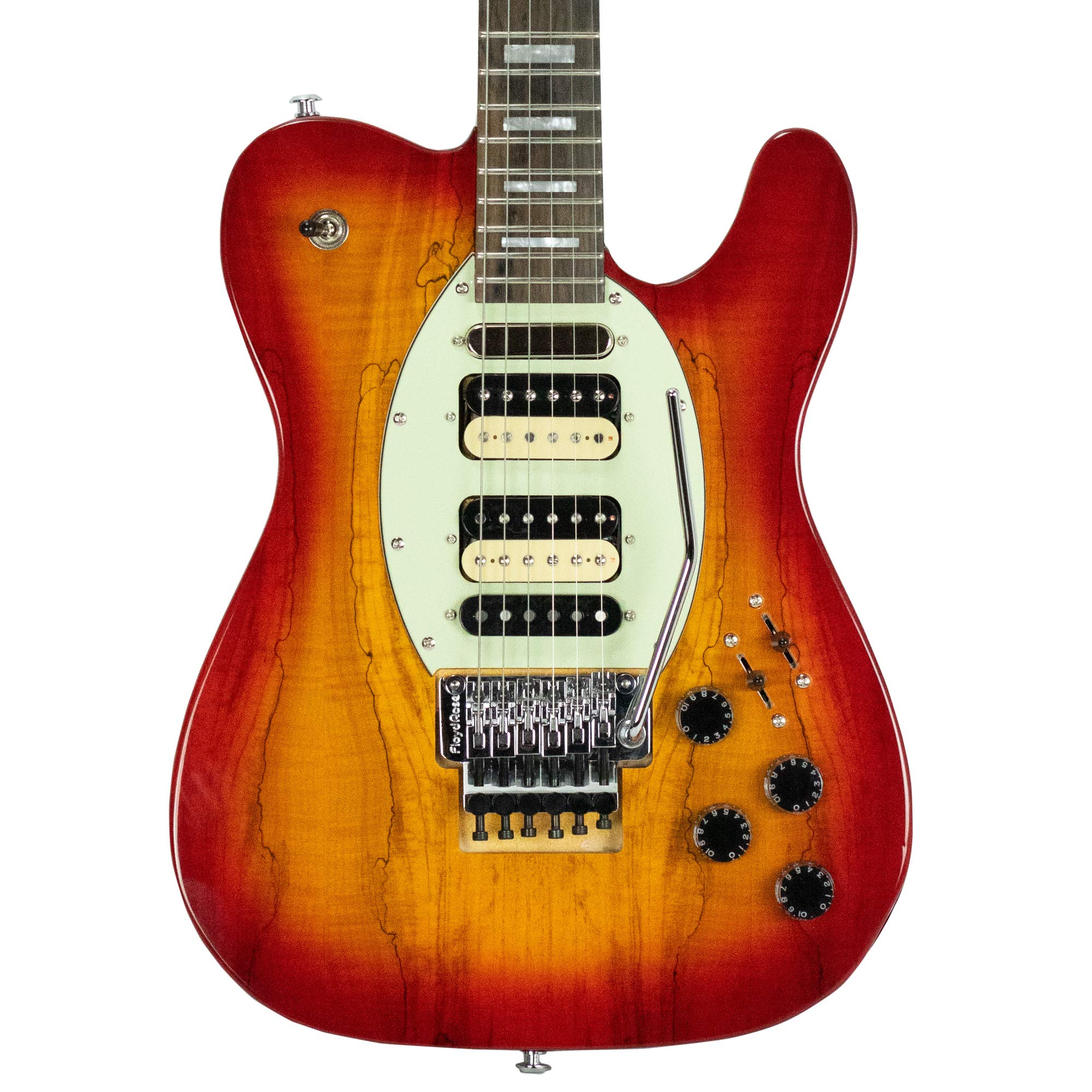 GoDpsMusic 6 String Sawtooth ET Hybrid Electric Guitar Designed by Michael Angelo Batio w Gig Bag and Accessories, Right, Spalted Maple Trans Cherry Burst (ST FL-SMTCB-KIT)