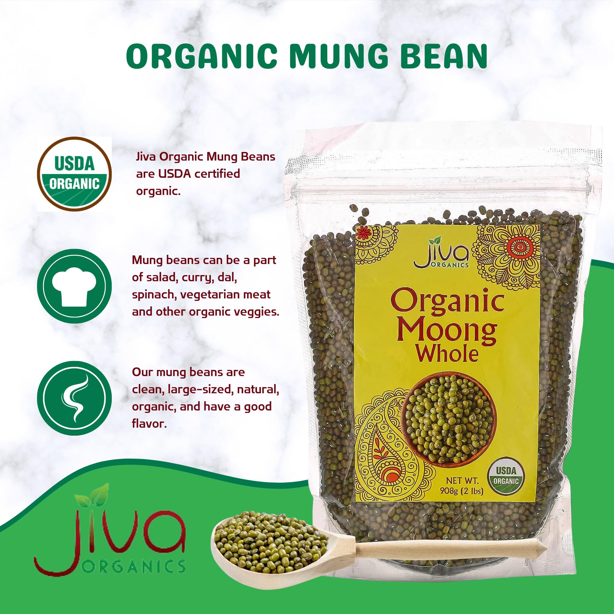 Jiva Organic Mung Bean - Mung Moong Beens Whole for Sprouting and Cooking - 2 lb Bean Bag – Indian Spices
