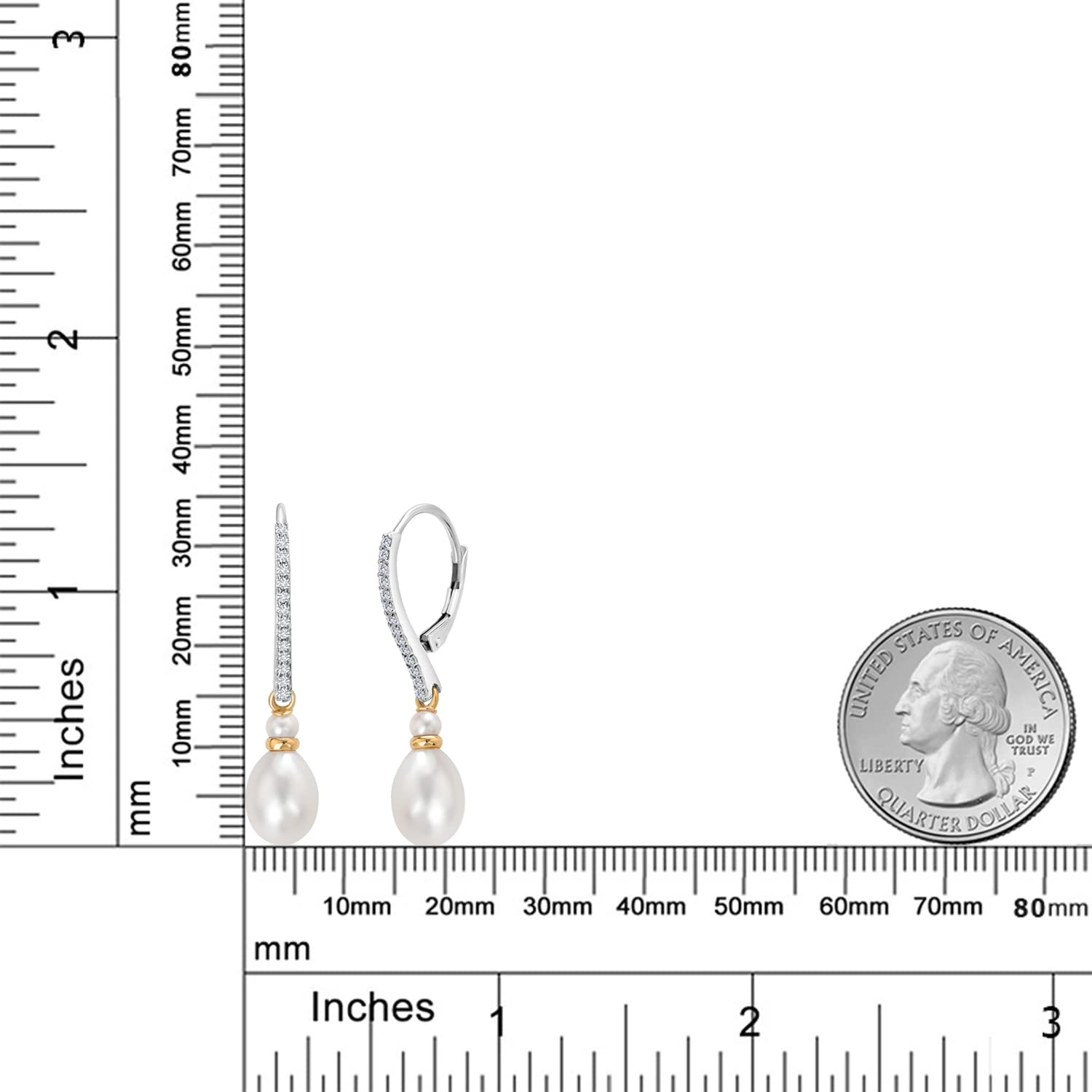Gem Stone King 925 Sterling Silver and 10K Yellow Gold 9X7MM Cultured Freshwater Pearl and White Lab Grown Diamond Dangling Earrings with Leverback For Women