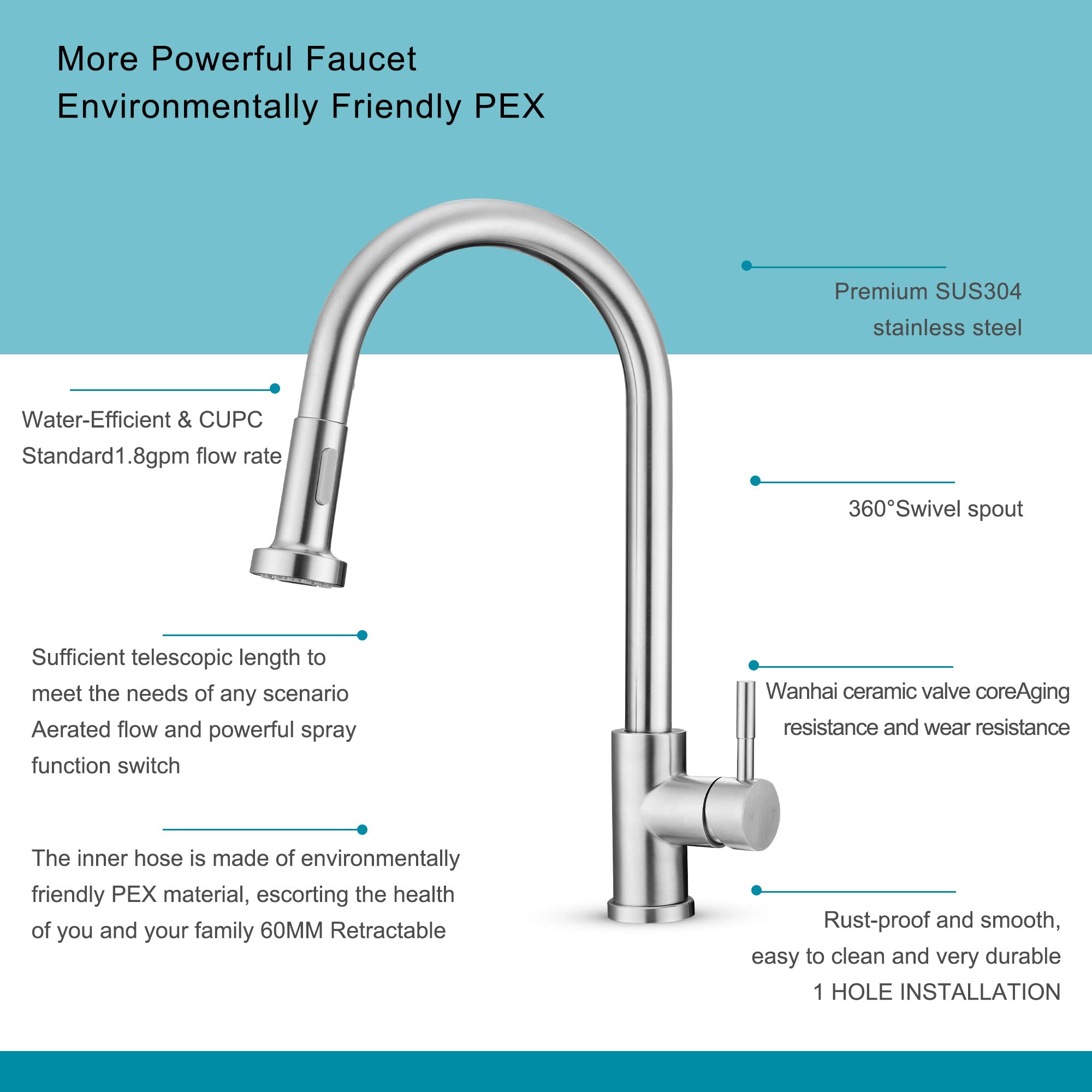 Kitchen Sink Faucets with Pull Down Sprayer, Stainless Steel Brushed Nickel Kitchen Faucets, Single Handle Faucet with Pullout Sprayer, Modern rv Stainless Steel Kitchen Faucets, Grifos De Cocina